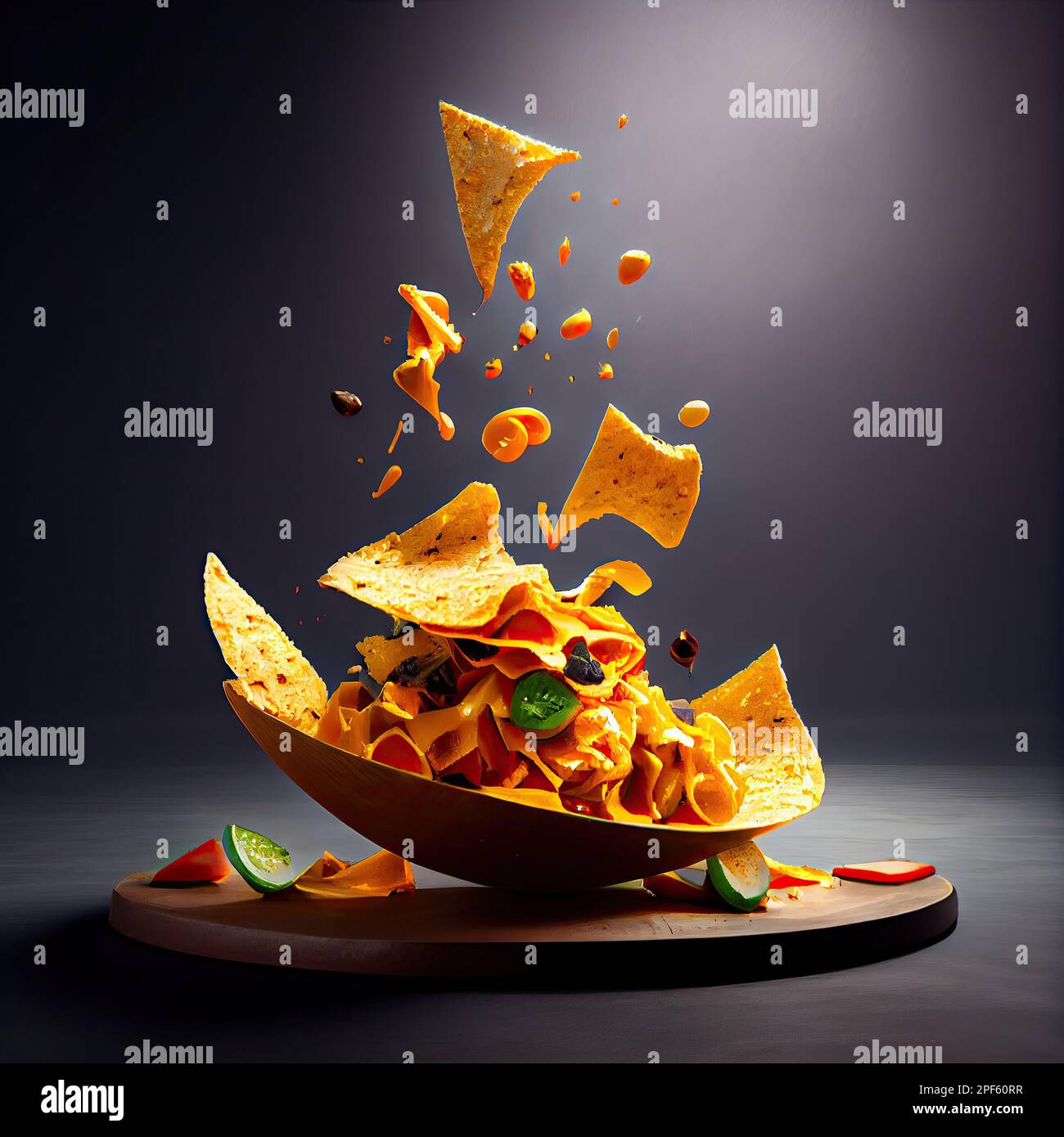 some food that is falling out of the bowl and on top of a wooden ...