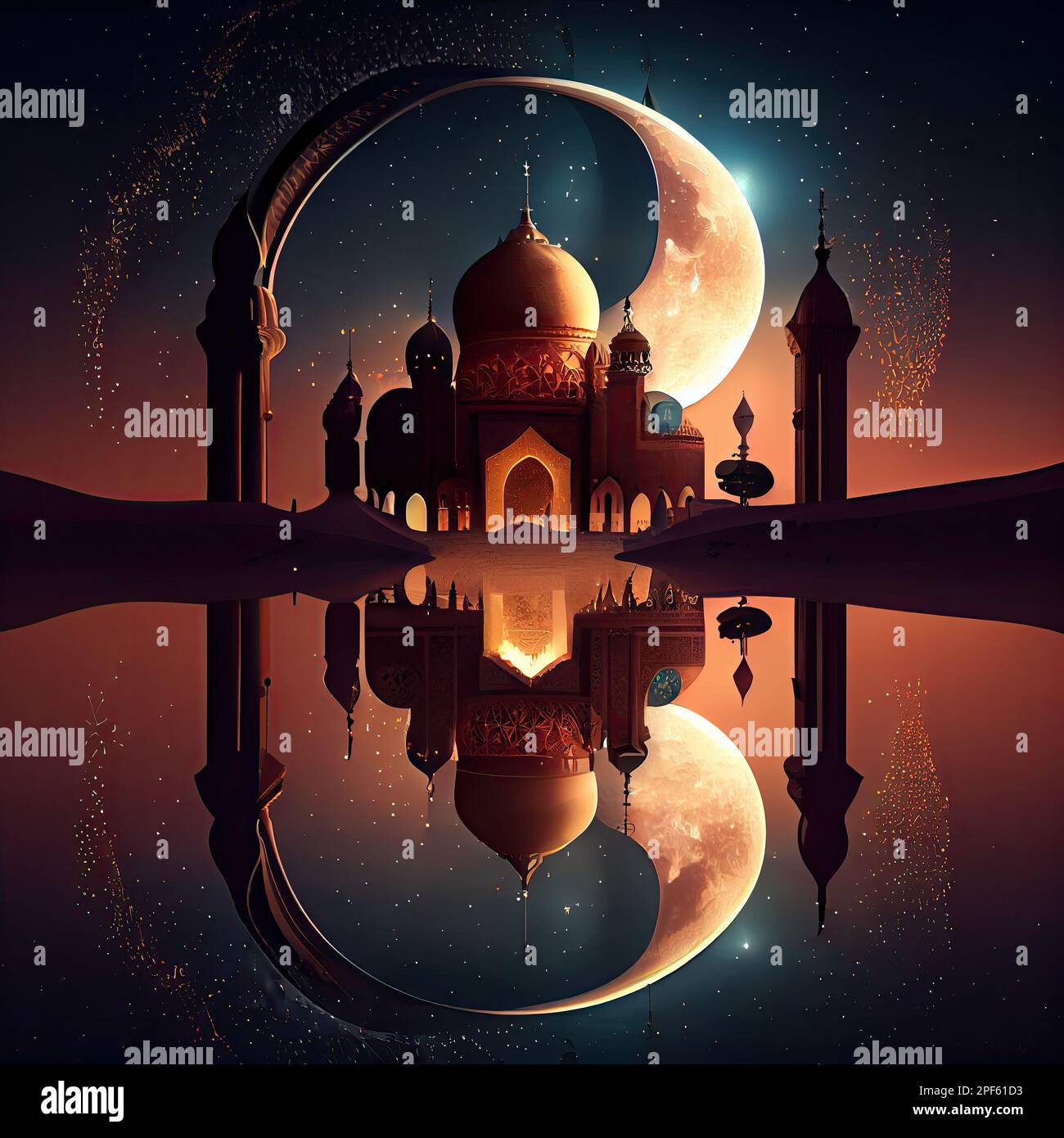 an islamic mosque at night with the moon in the sky and stars on the ...
