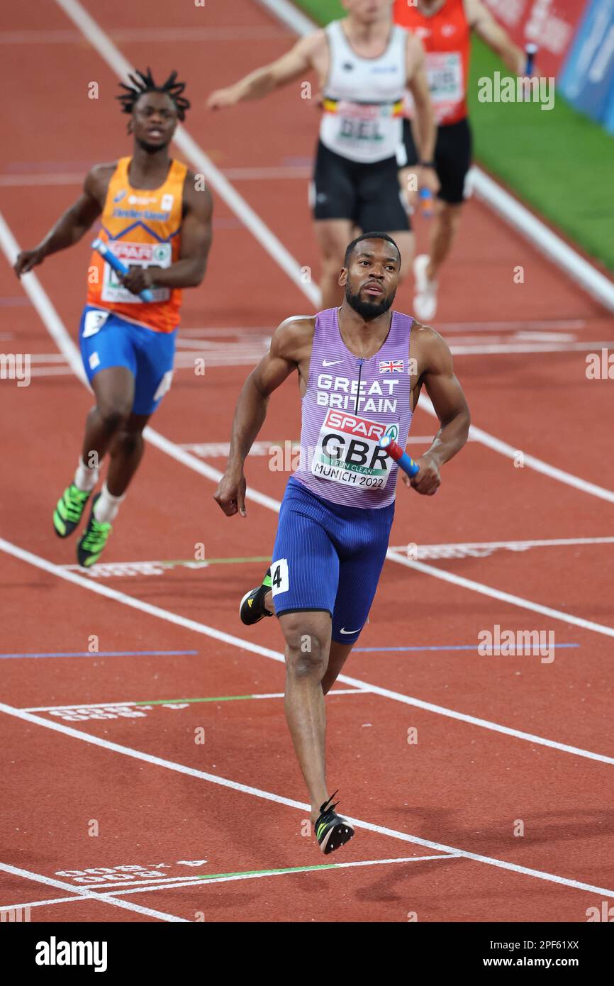 Nethaneel MITCHELL-BLAKE leading in the Great Britain 4 * 100m Relay Team to Gold Medal at the ...