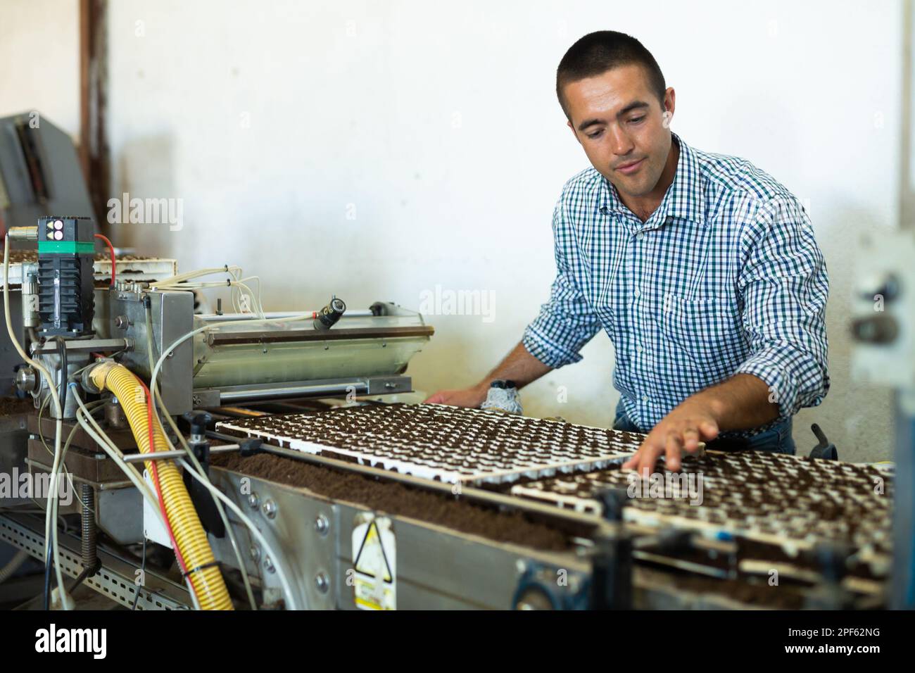 Farmer man working with automatic filling and seeding line for growing ...