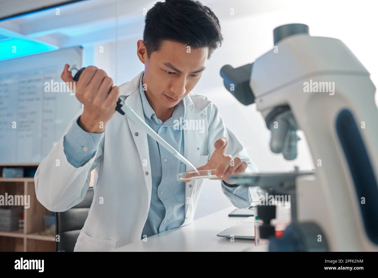 A new discovery awaits. a male lab tech filling a petri dish underneath ...