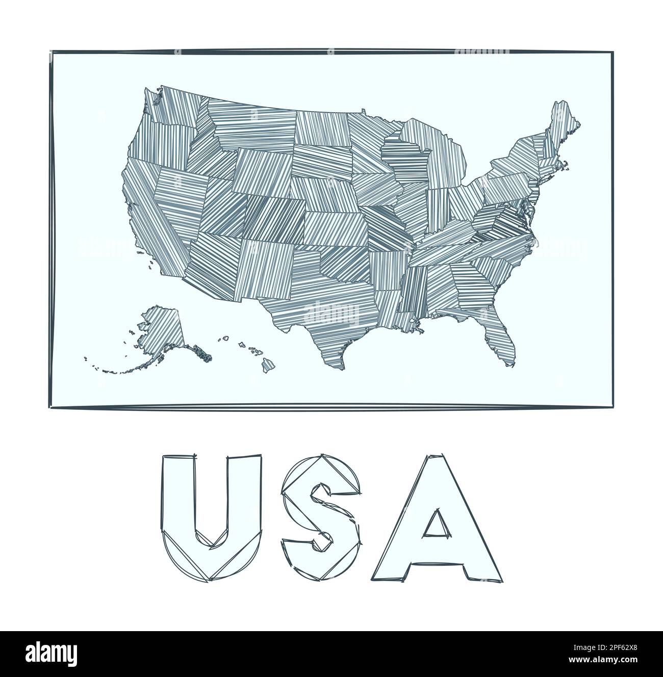 Sketch map of USA. Grayscale hand-drawn map of the country. Filled ...