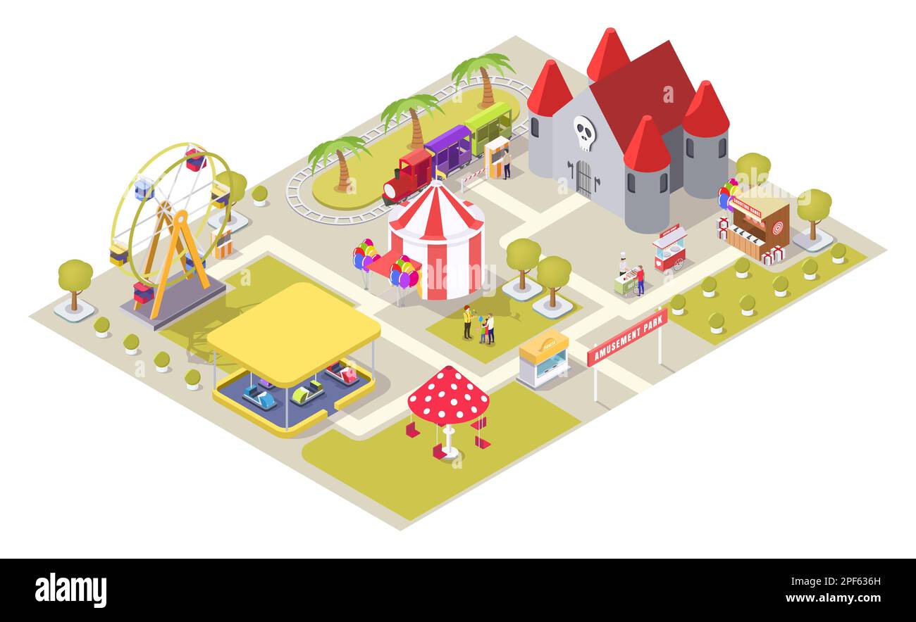 Amusement Park Attractions Vector Flat Isometric Illustration Stock