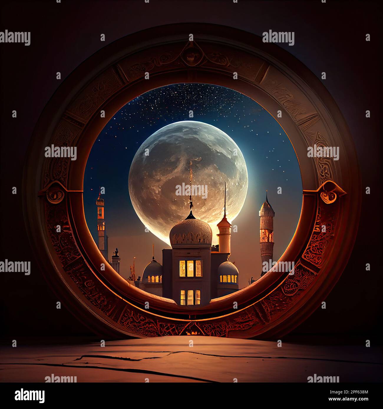 an islamic mosque with the moon shining in the sky and stars on the ...