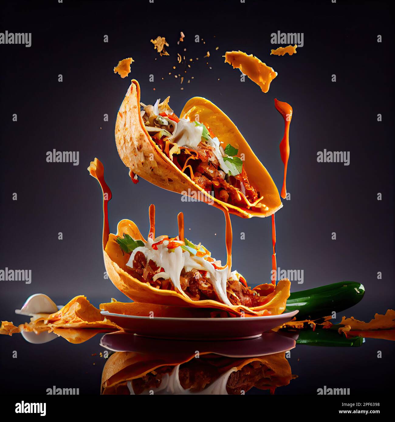 some tacos flying in the air over a plate with chips and ketches on it ...