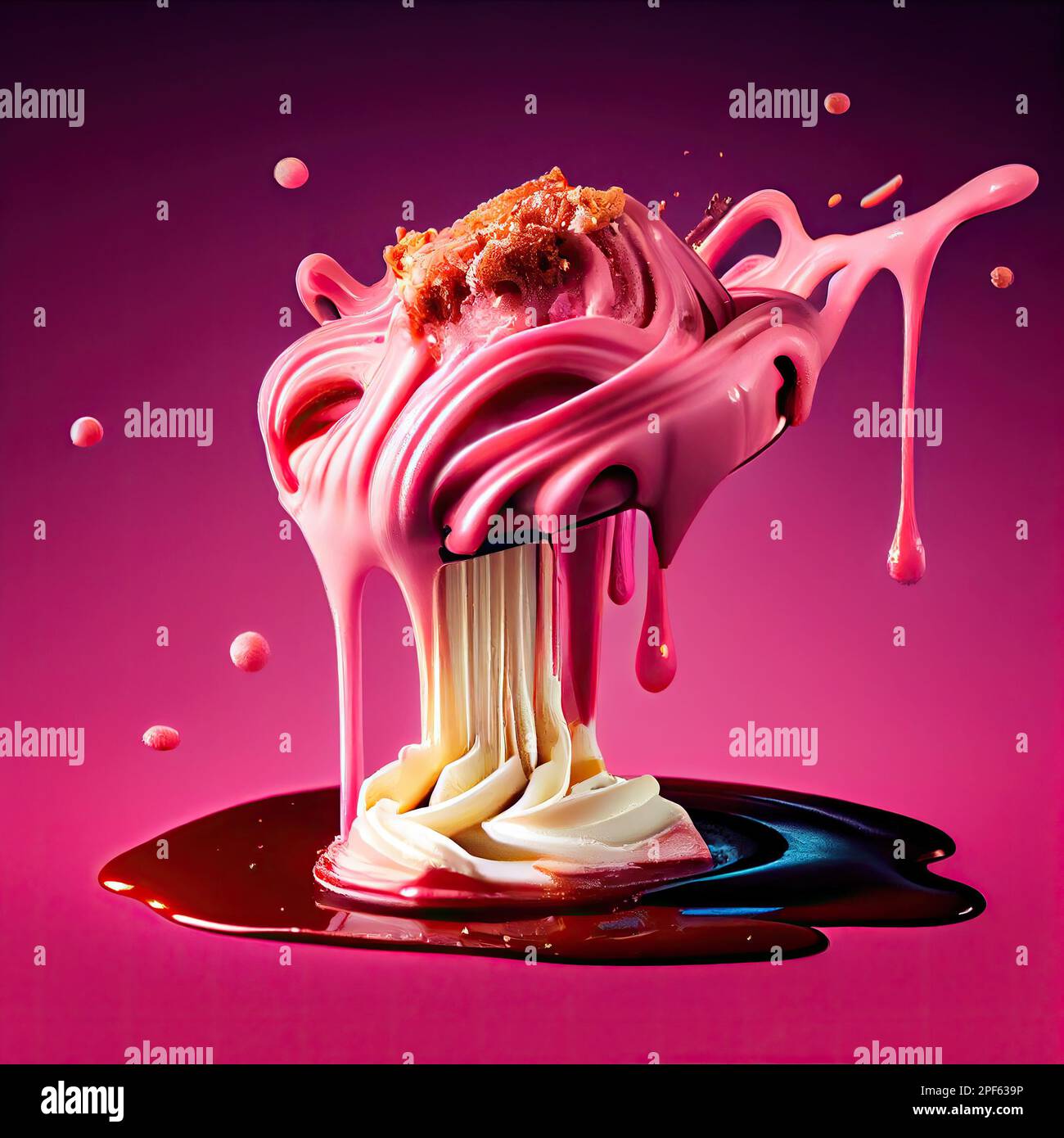 an ice cream covered in pink and white icing, with chocolate dripping ...