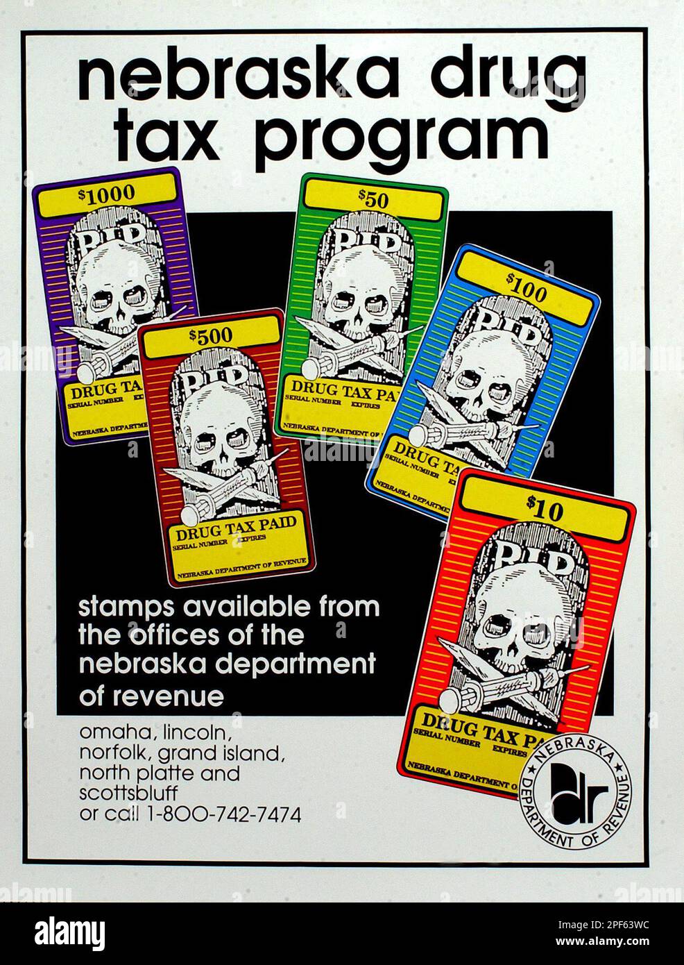 A poster from the Nebraska drug-tax program shows drug stamps on June 6 ...