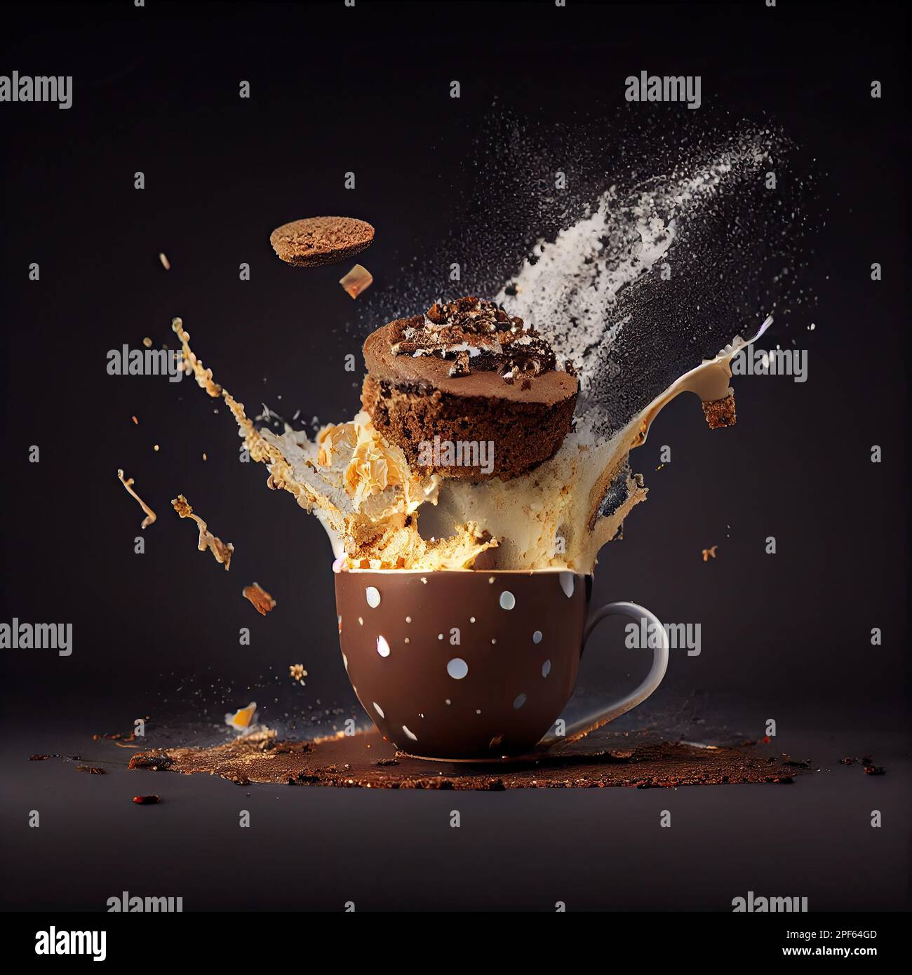 an ice cream explosion in a coffee cup with chocolate chips falling ...
