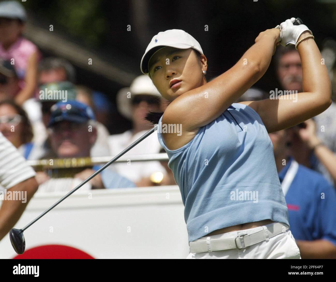 South Korea's Jeong Jang watches her drive on the first green during the third round of the LPGA ...
