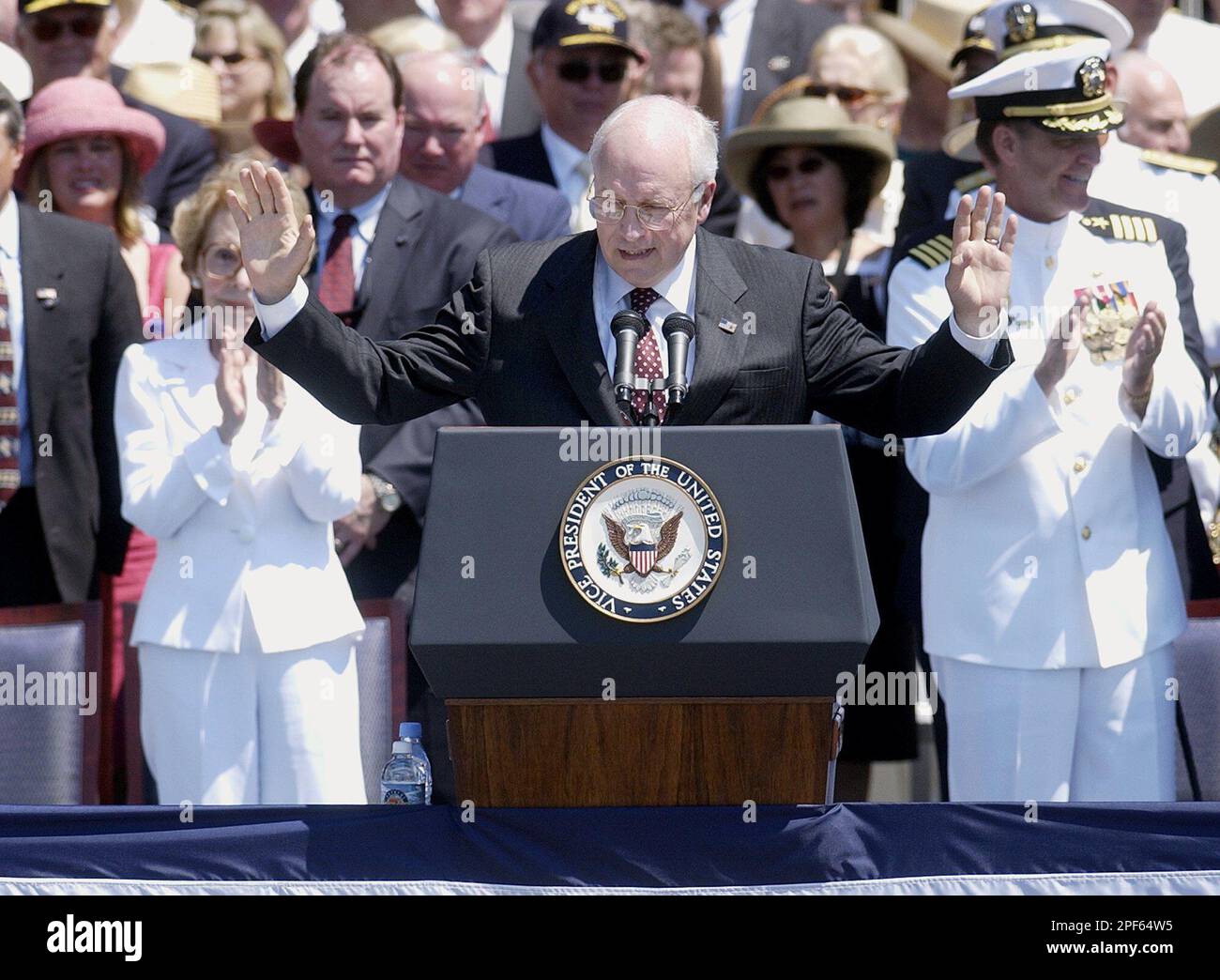 Vice President Dick Cheney, center, waves to assembled crowd during the ...