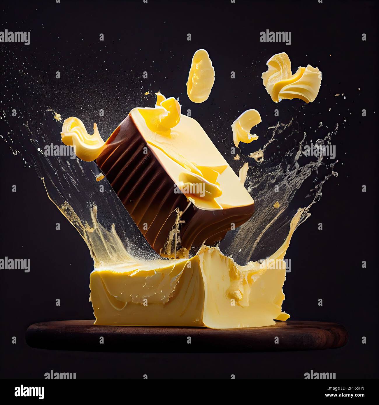 a chocolate bar splashing out of it's milk and cream on a black ...