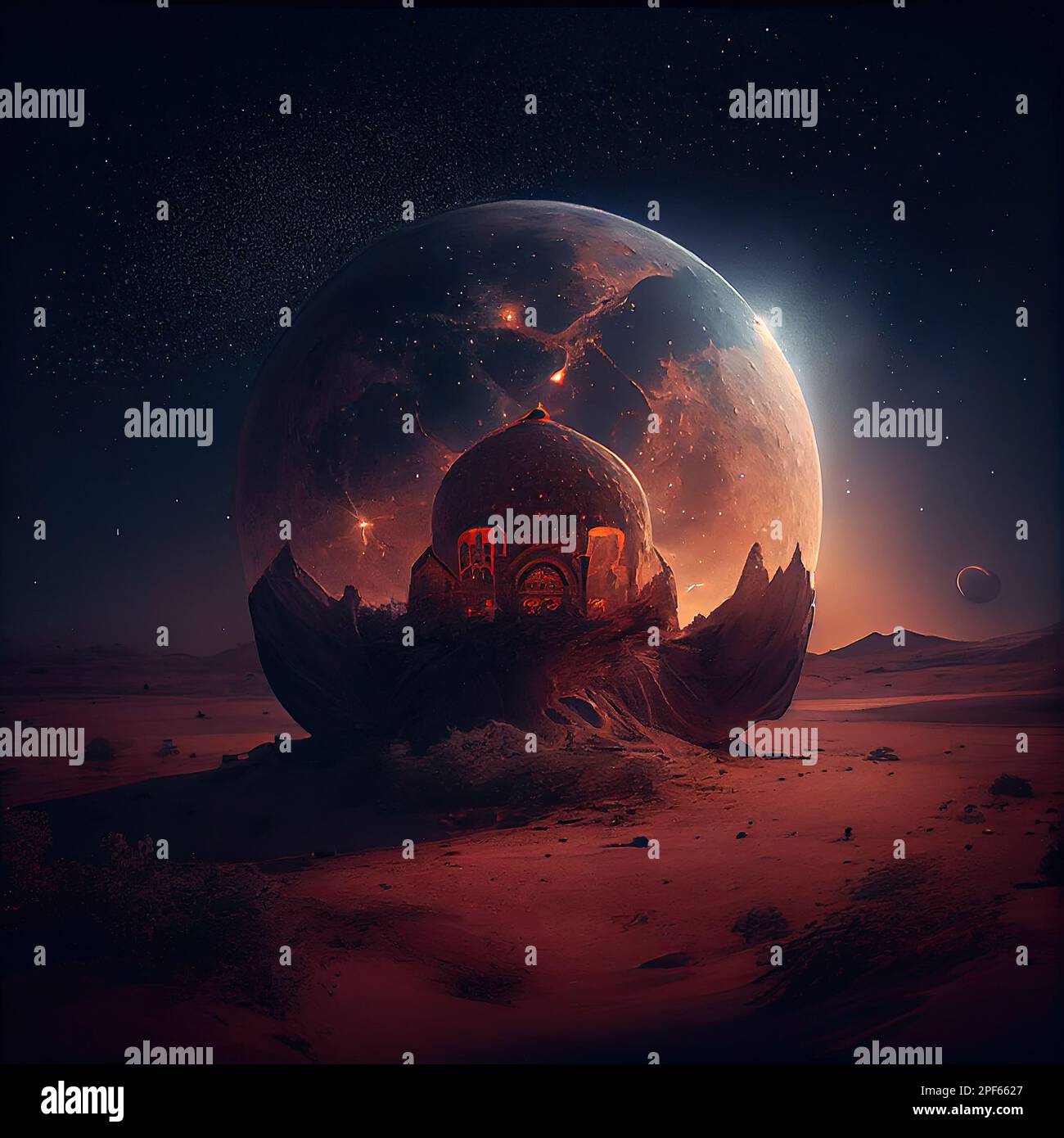 an alien house in the desert with a full moon and stars above it, on a ...