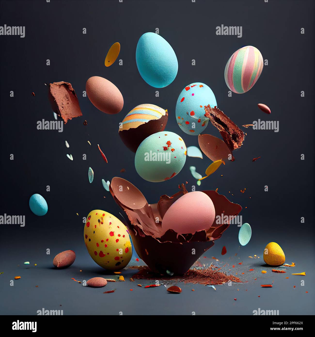 easter eggs in the air with chocolate and sprincess falling from them ...