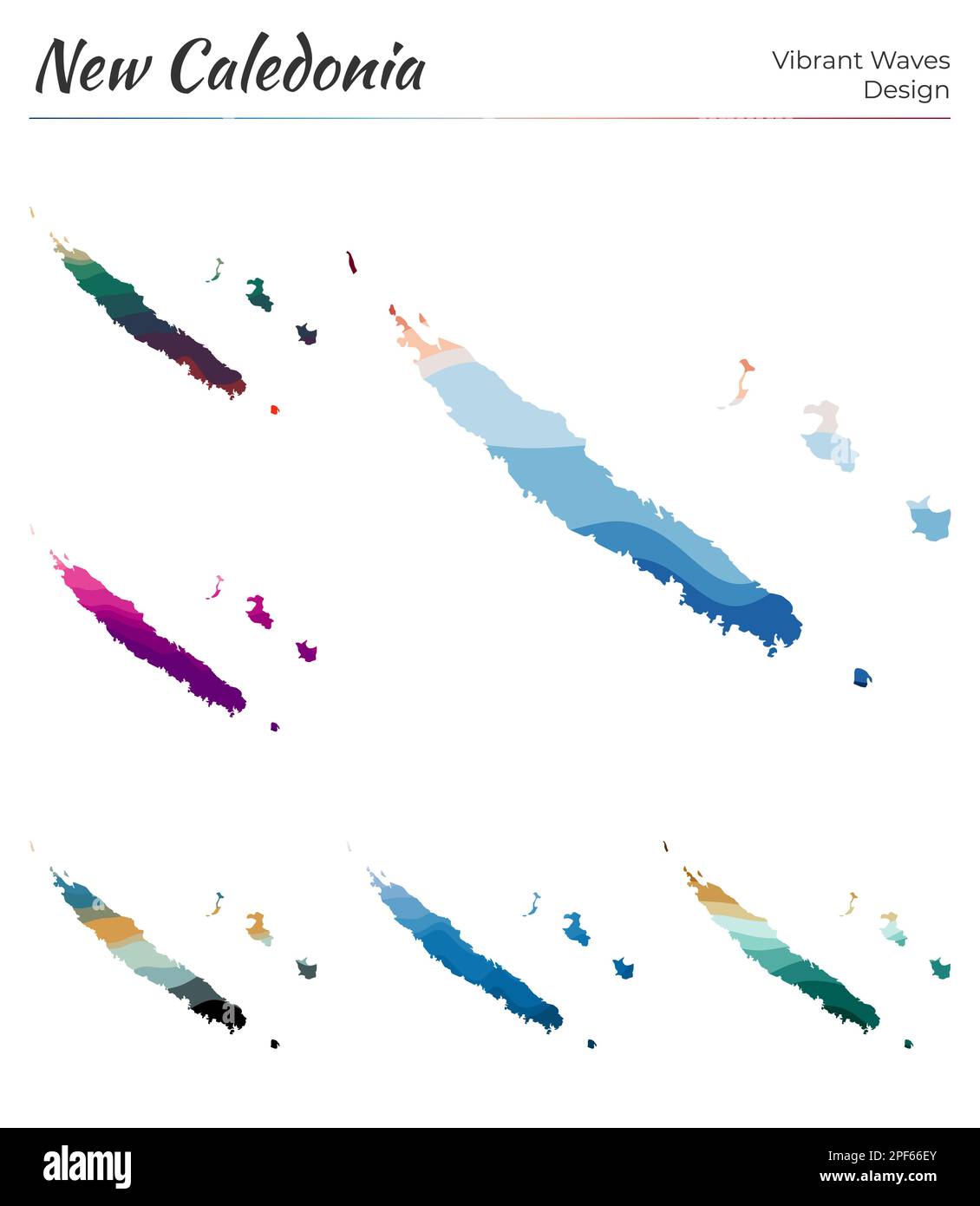 Set of vector maps of New Caledonia. Vibrant waves design. Bright map ...