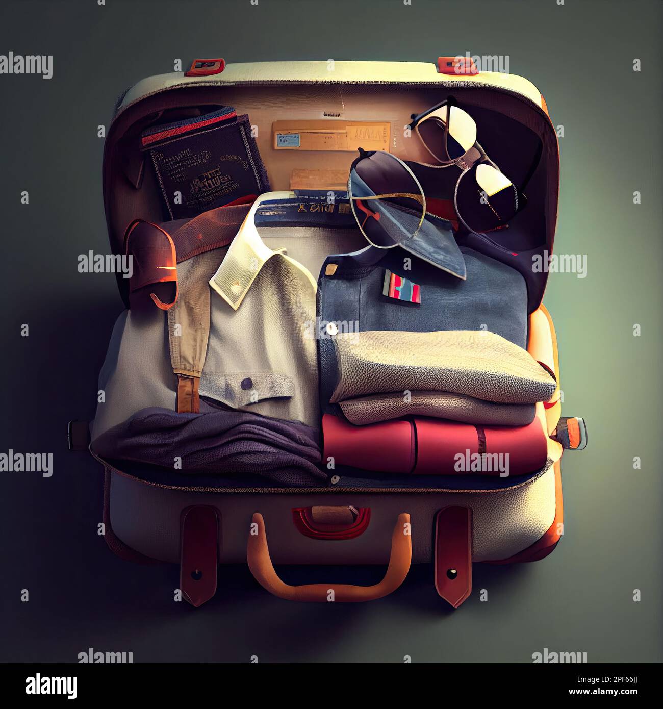 an open suitcase filled with clothing and accessories, including a pair ...