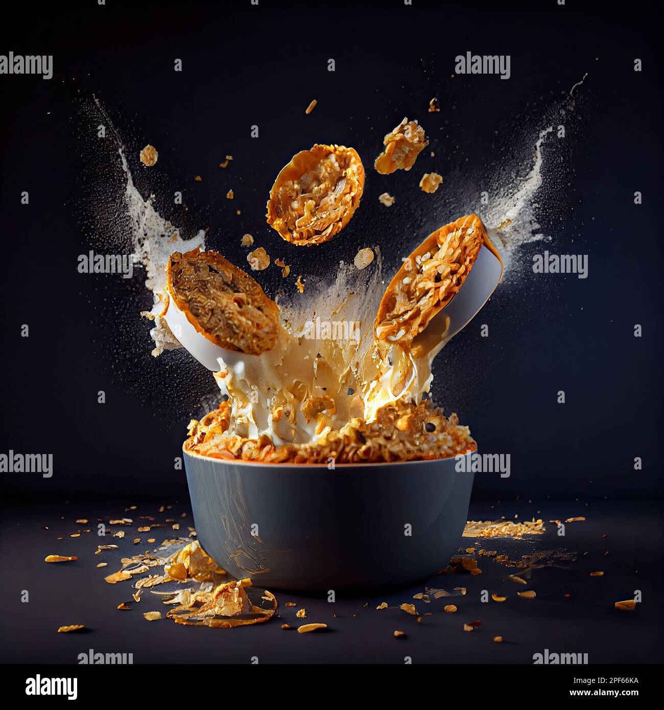 cereal falling into a bowl with milk and orange peels in the image is ...