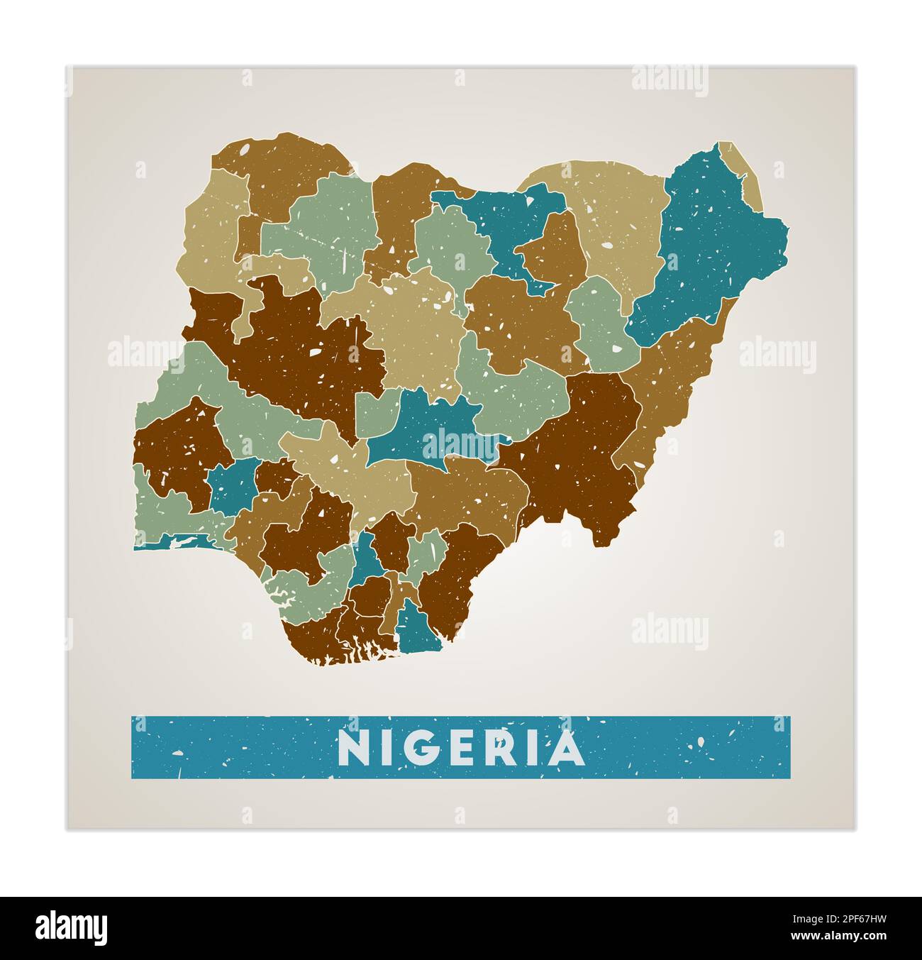Nigeria map. Country poster with regions. Old grunge texture. Shape of ...