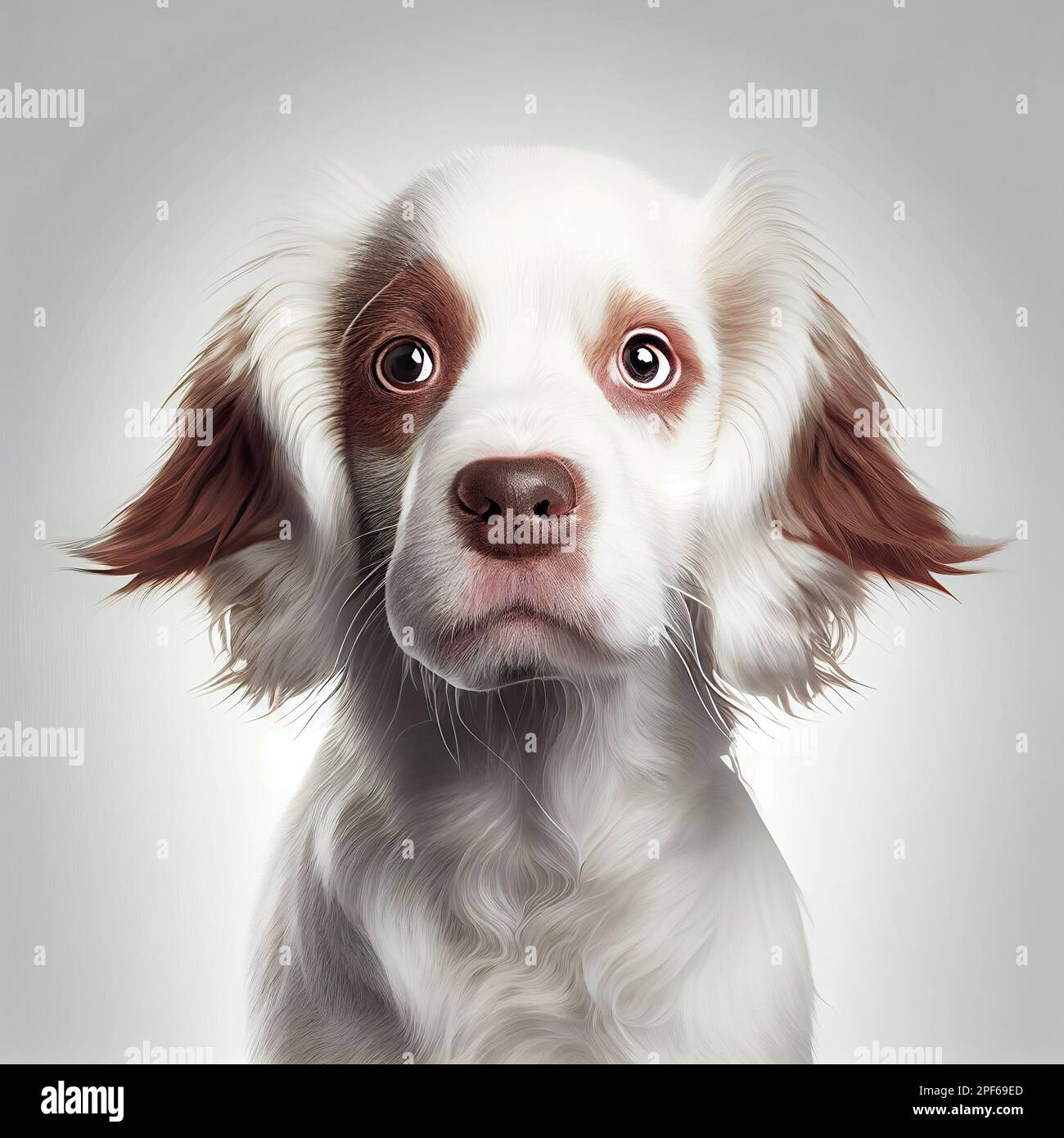 a dog's face with brown and white fur on its head, looking up at the ...
