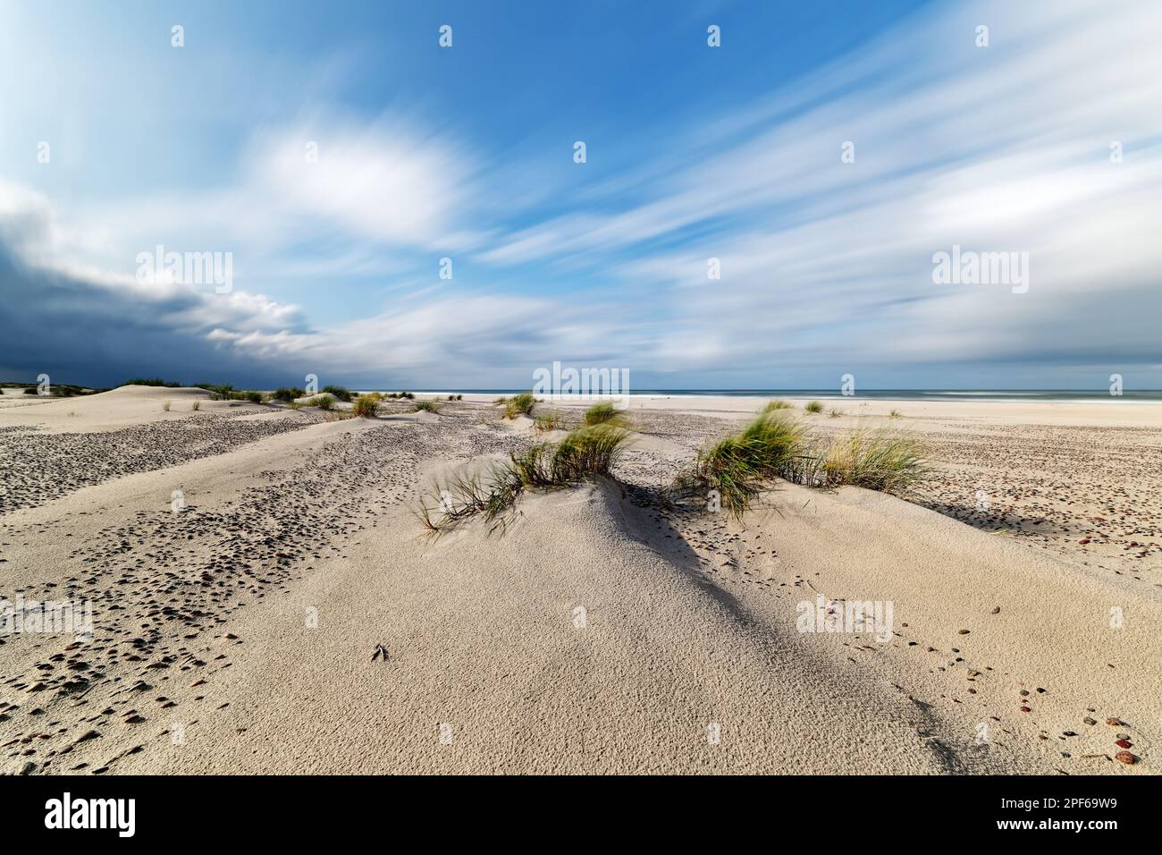Wide deserted Baltic Sea beach in sunny windy weather, wind-moving ...