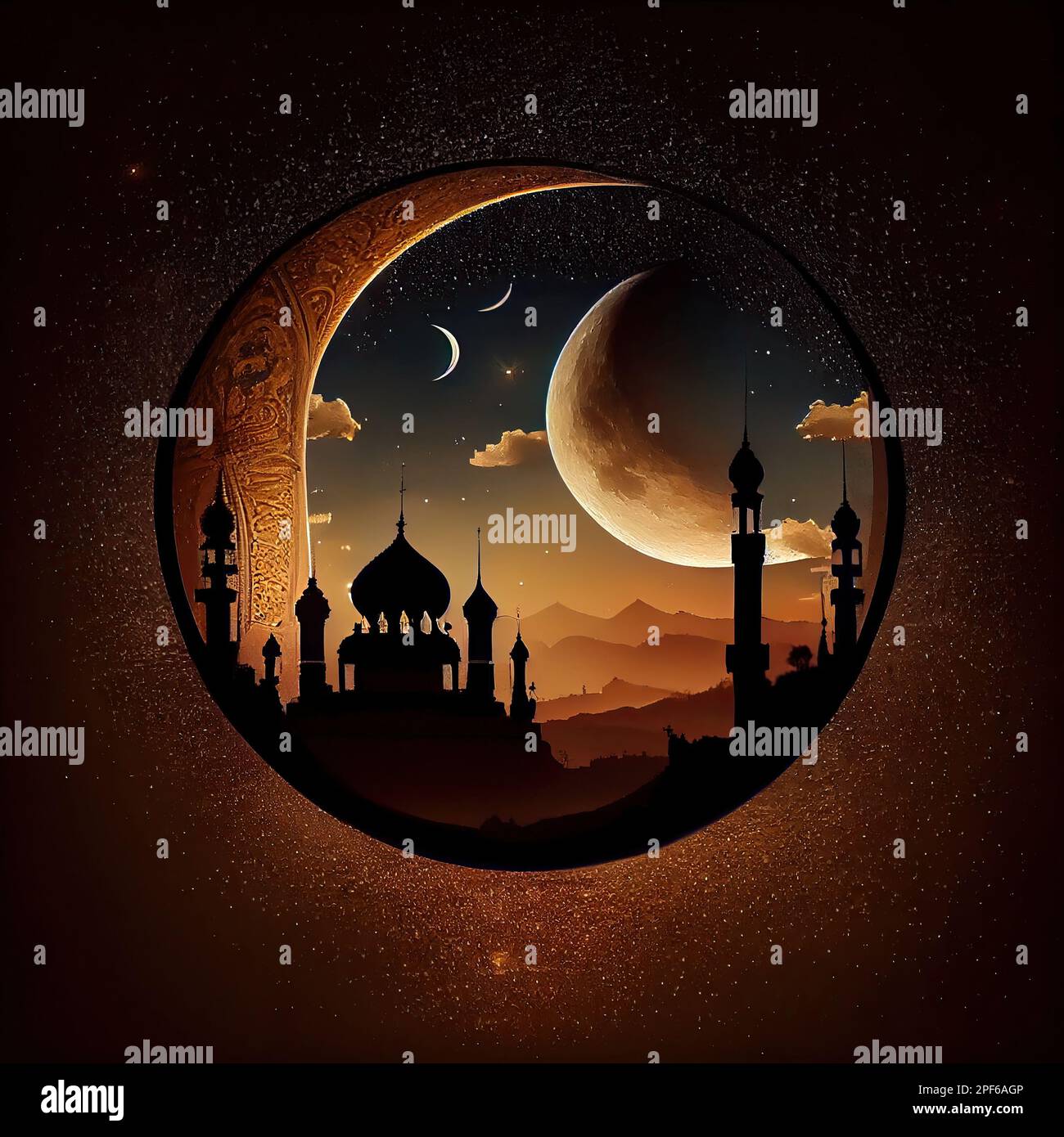 an islamic mosque with the moon in the sky and stars above it, as if ...