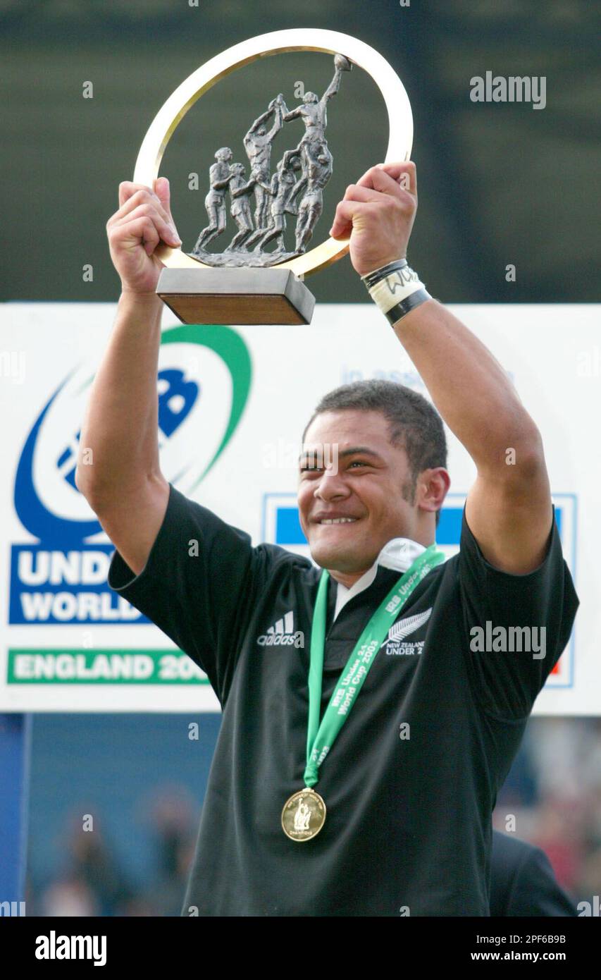 New Zealand's Sam Tuitupou holds up the Winners Trophy in the Under 21 ...