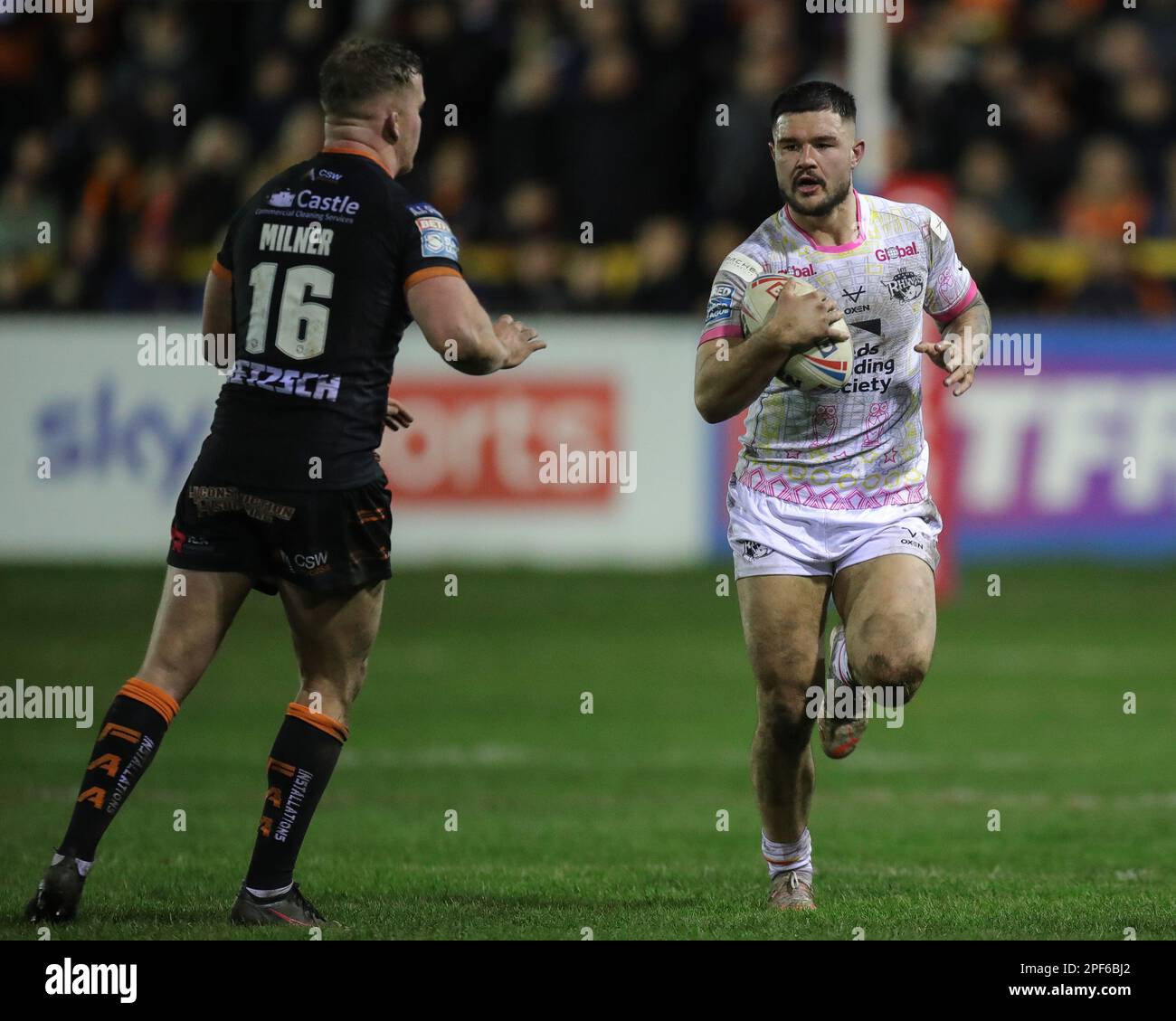 Castleford, UK. 16th Mar, 2023. James Bentley #11 of Leeds Rhinos runs ...