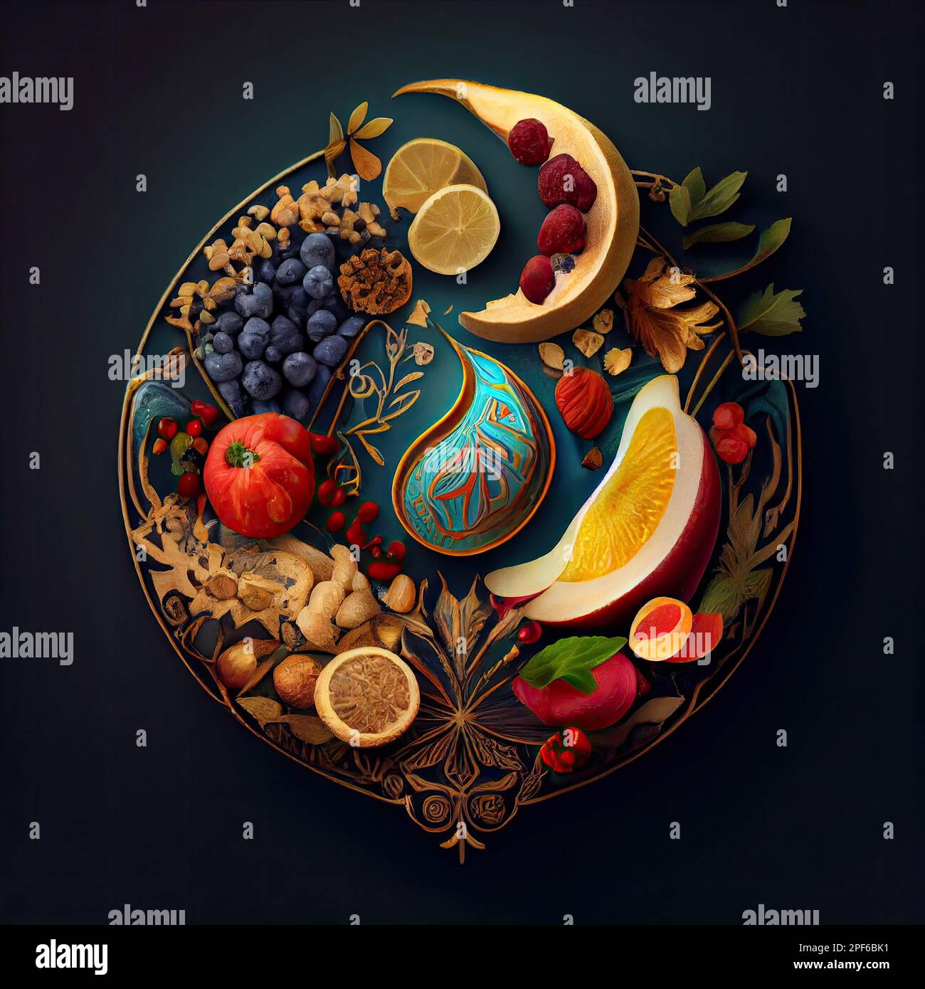 fruit and vegetables in the shape of a circle with an image of a ...