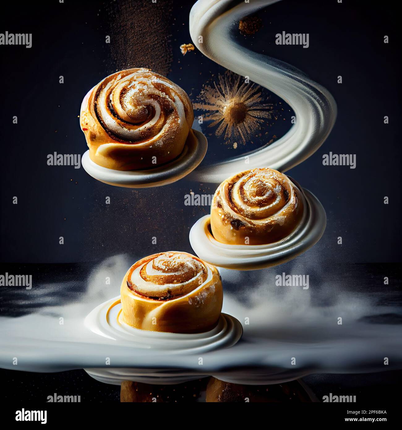 three cinnamon buns being thrown in the air with white powder and ...