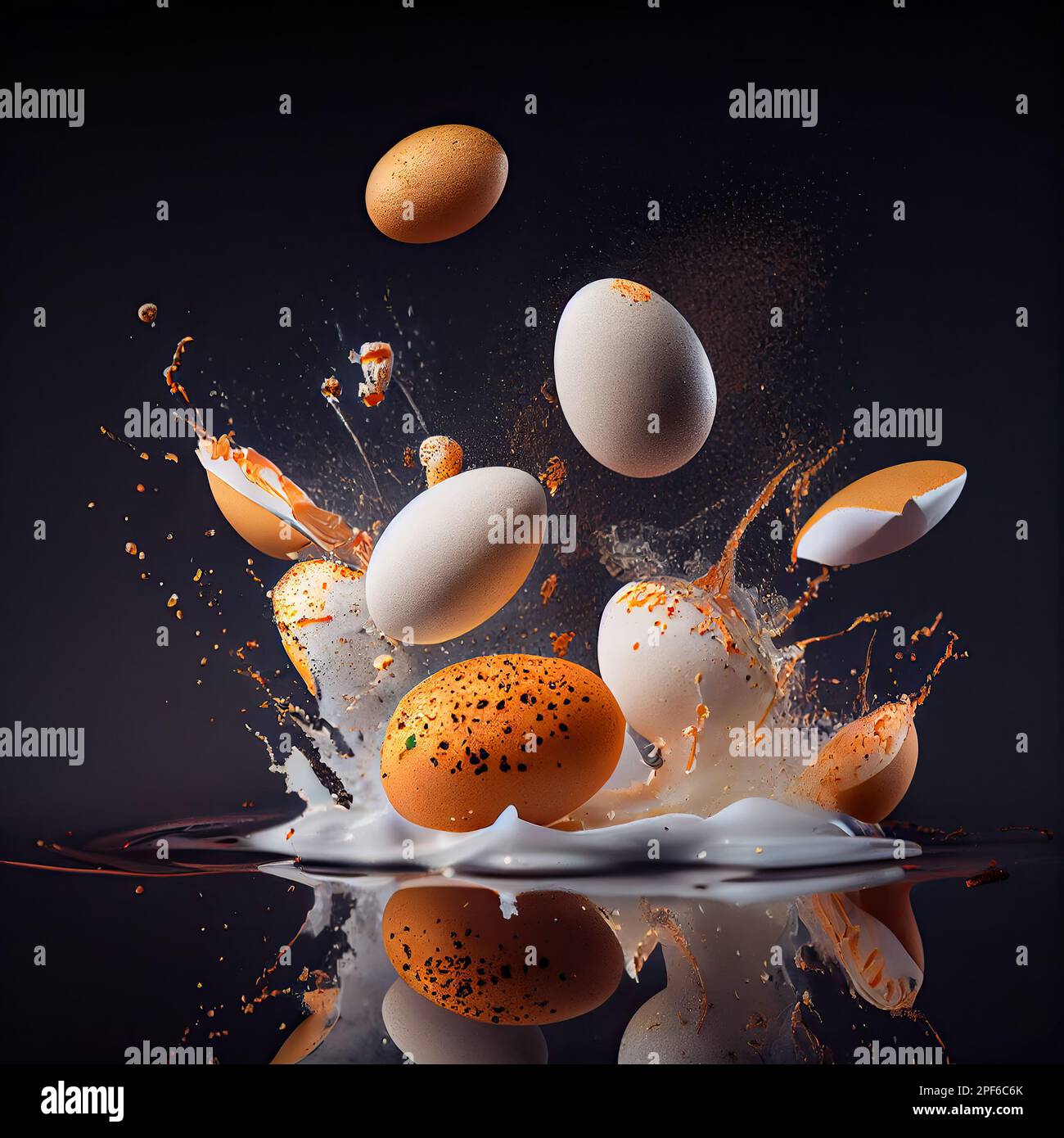 an egg splashing into the water with orange and white eggs in the air ...