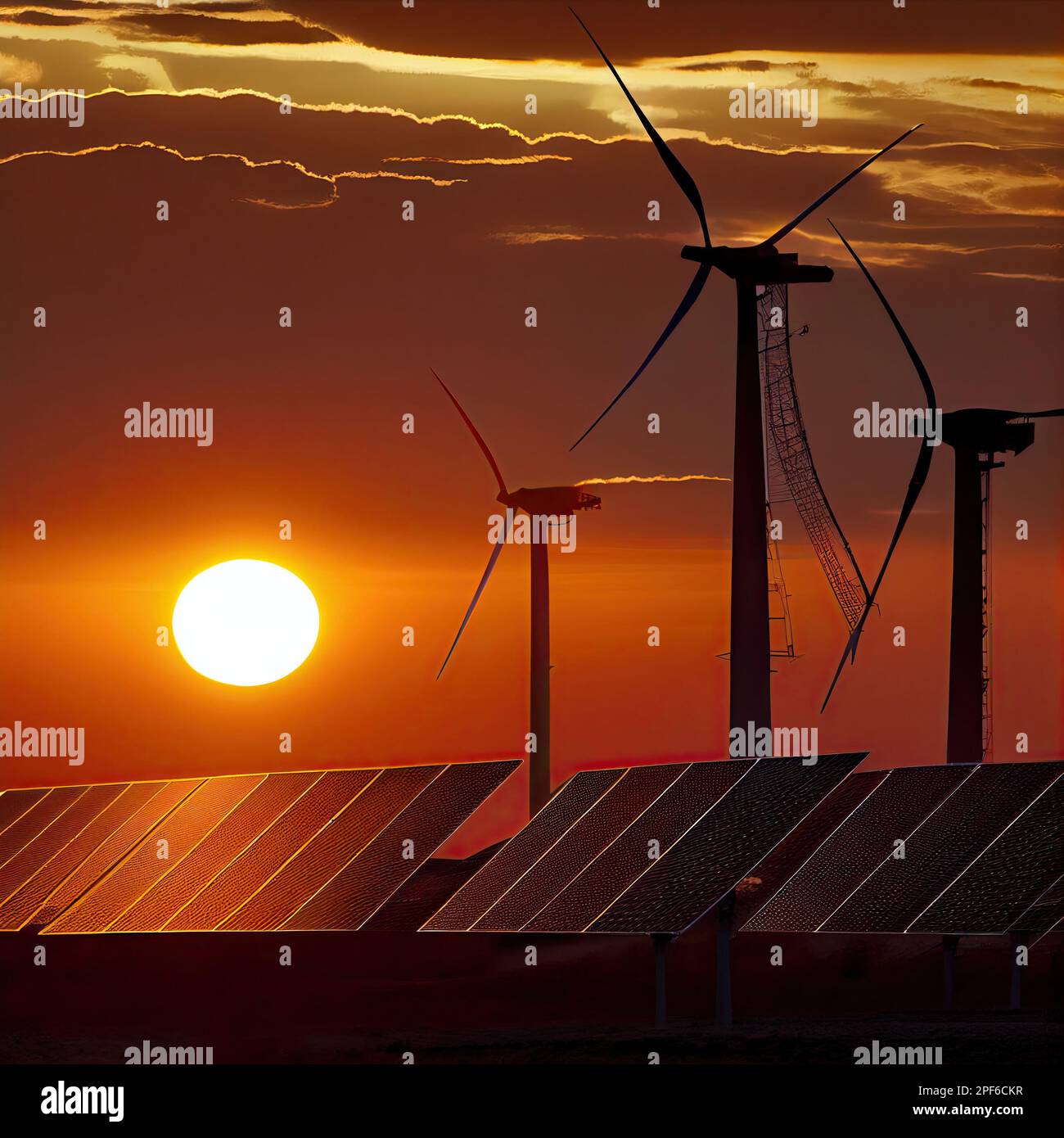 the sun setting behind wind turbines and solar panels on a roof in ...