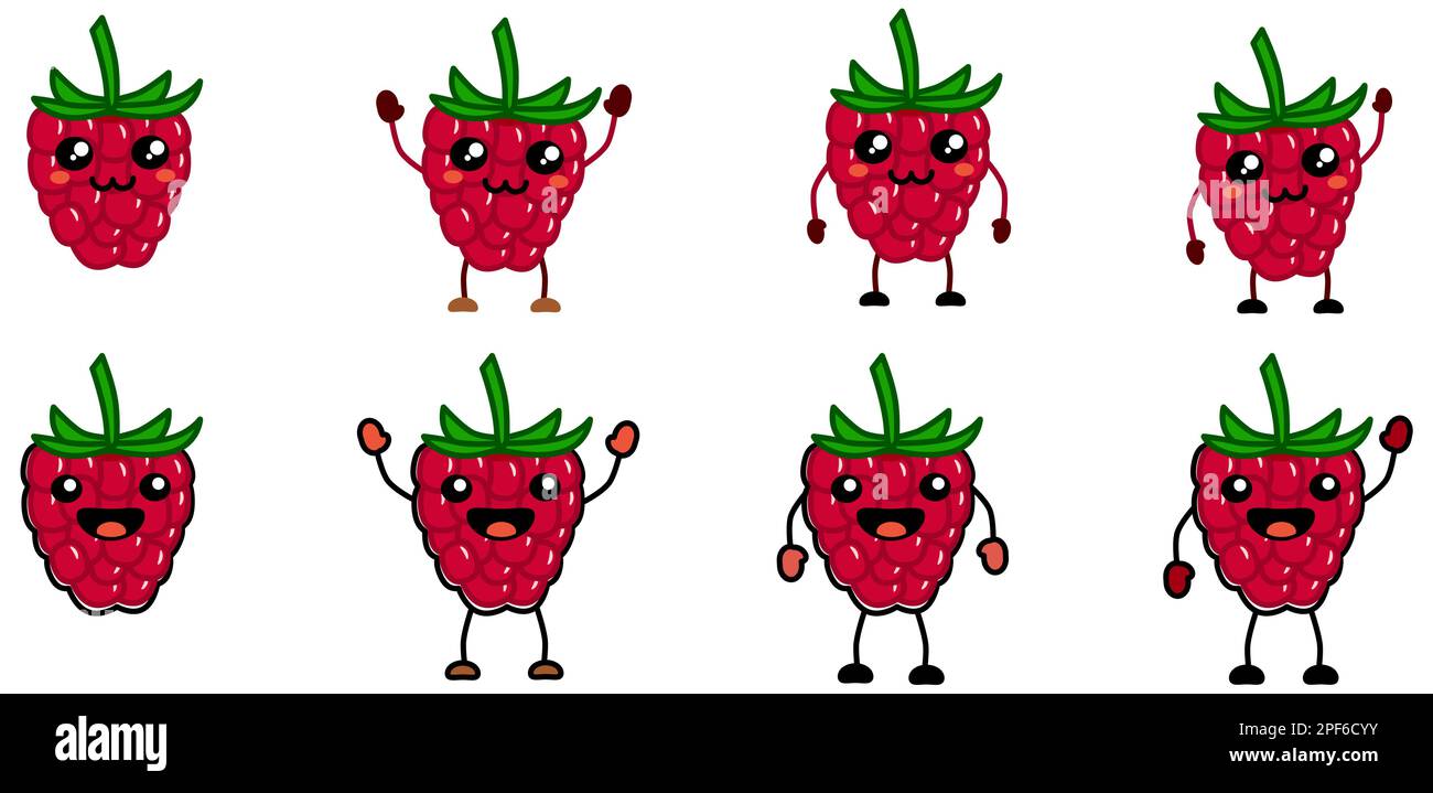 Cute kawaii style raspberry fruit icon, large eyes, smiling. Version ...