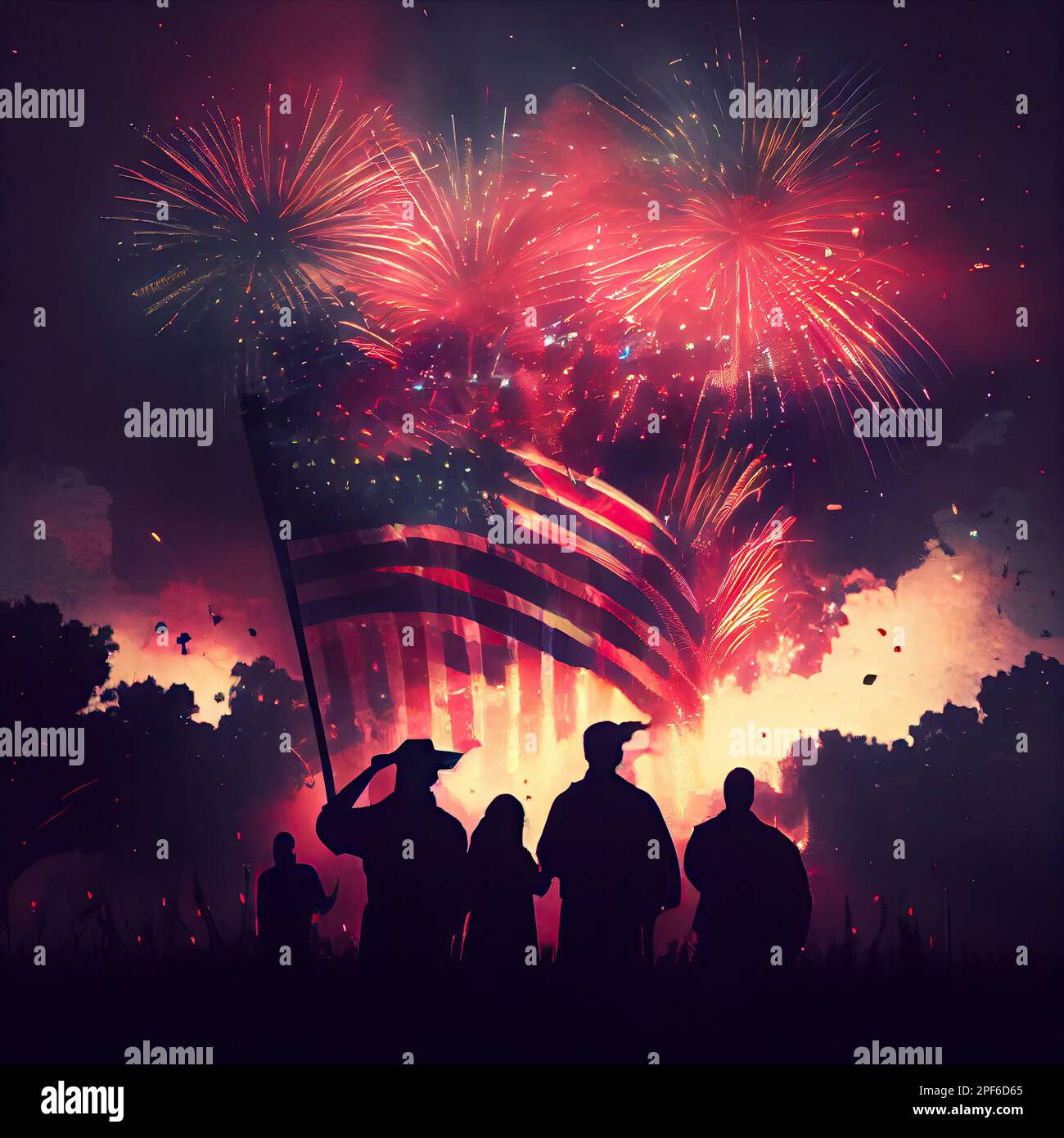 people watching fireworks in the night sky with an american flag on top ...