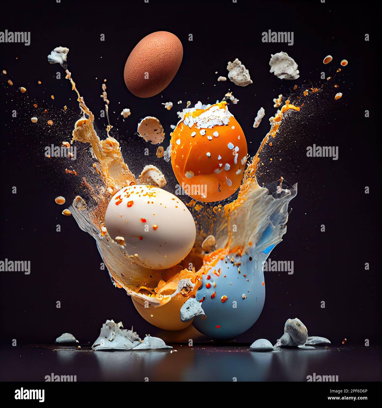 an egg splashing out of it's shell and eggs are in the air, on a black ...