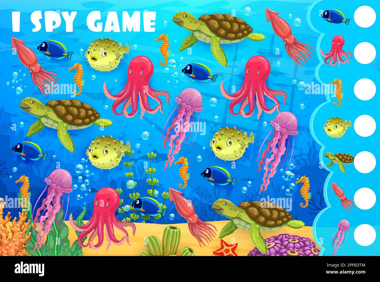 Cartoon underwater landscape and animals i spy game. Kids vector riddle ...