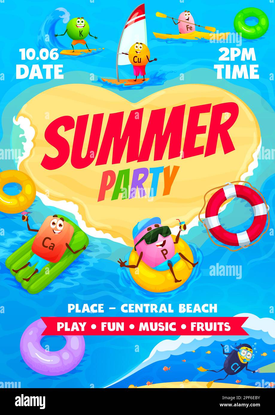 Summer time flyer. Cartoon vitamin and mineral characters on sea beach ...