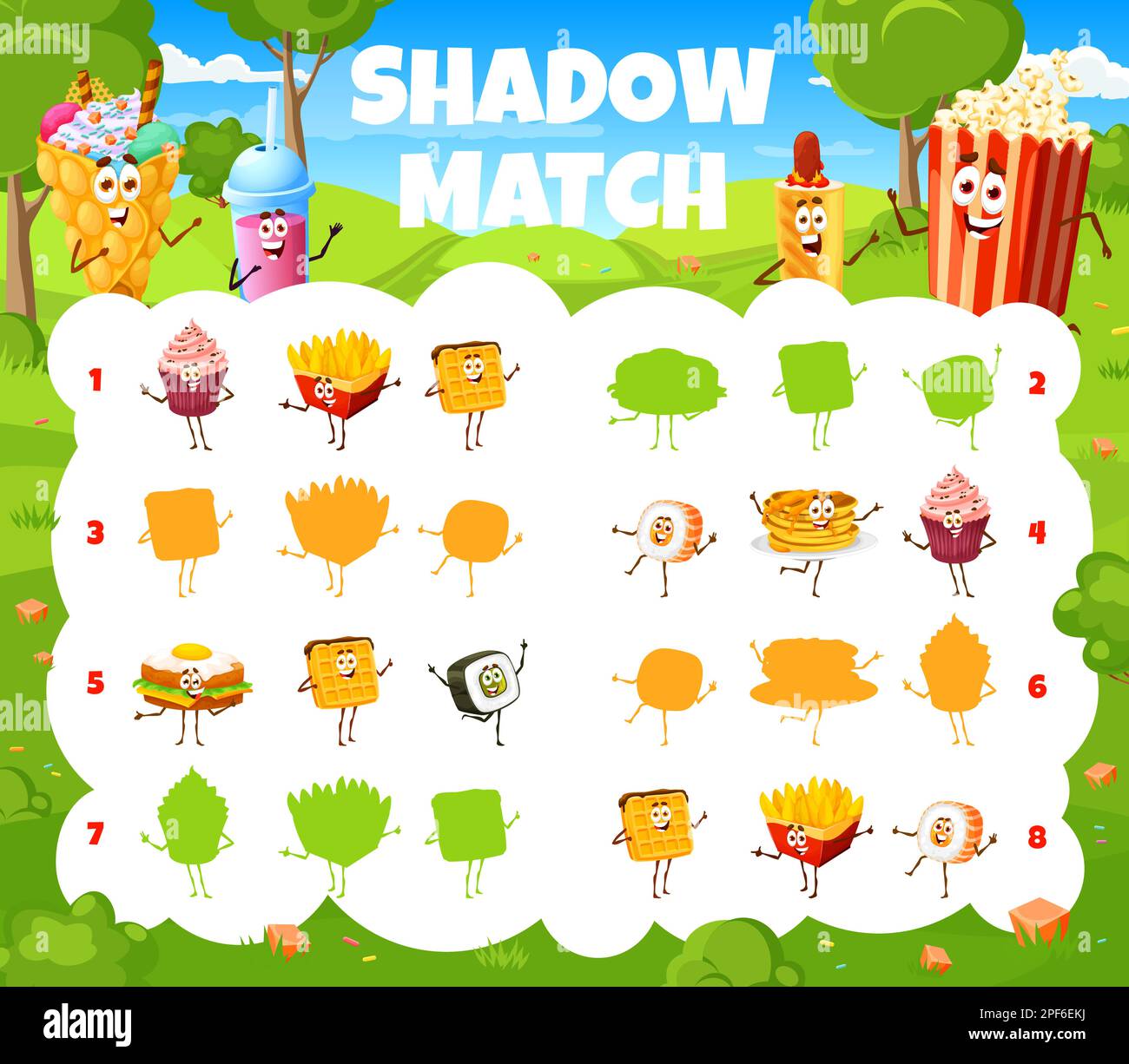 Shadow matching game worksheet, cartoon fast food and desserts ...