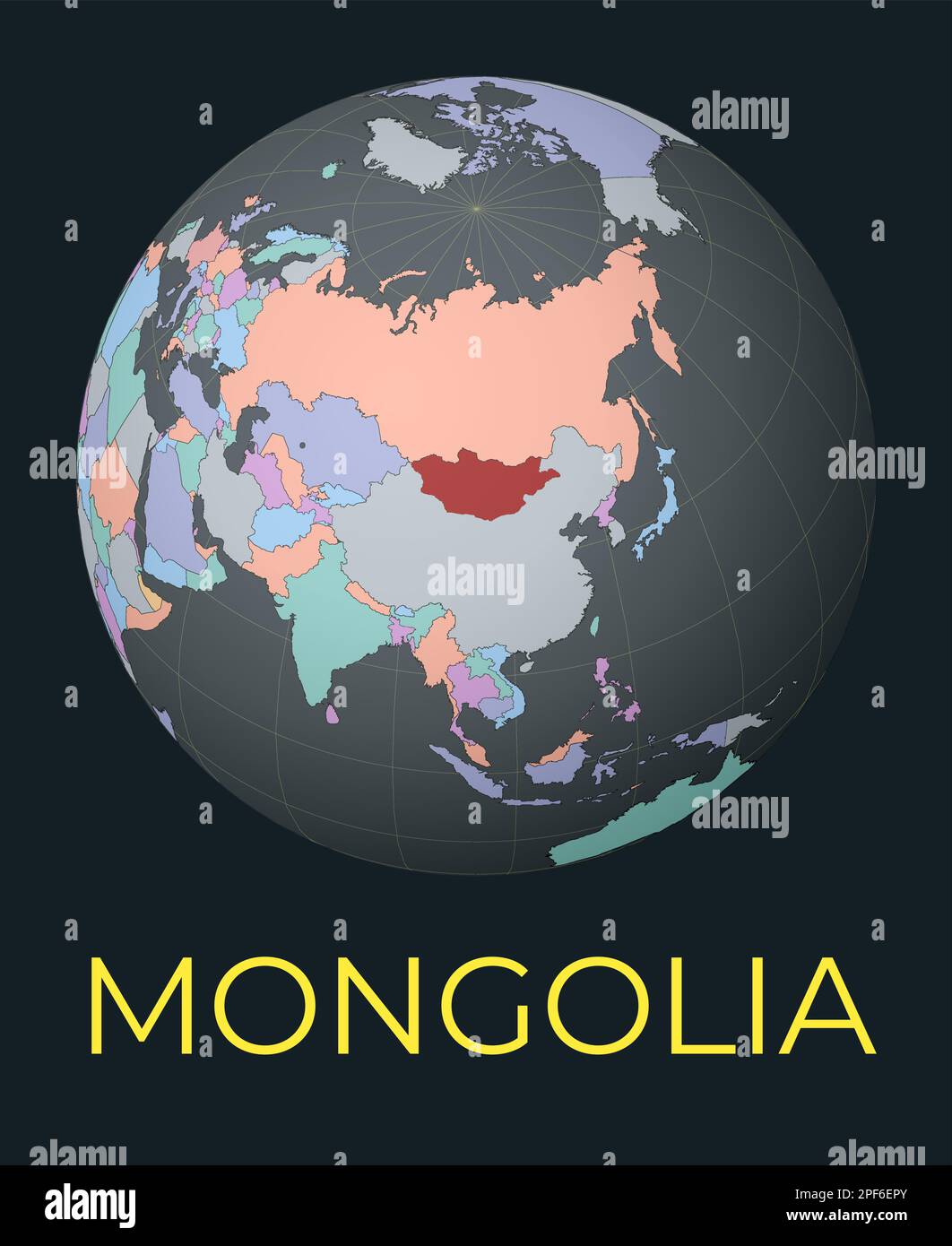 World map centered on Mongolia. Red country highlighted. Satellite ...