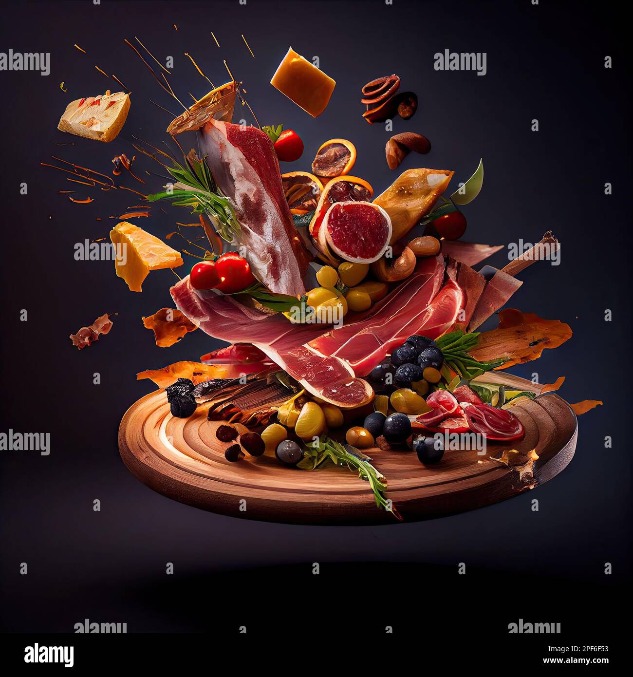 food flying out of a wooden platt on a black background with an ...