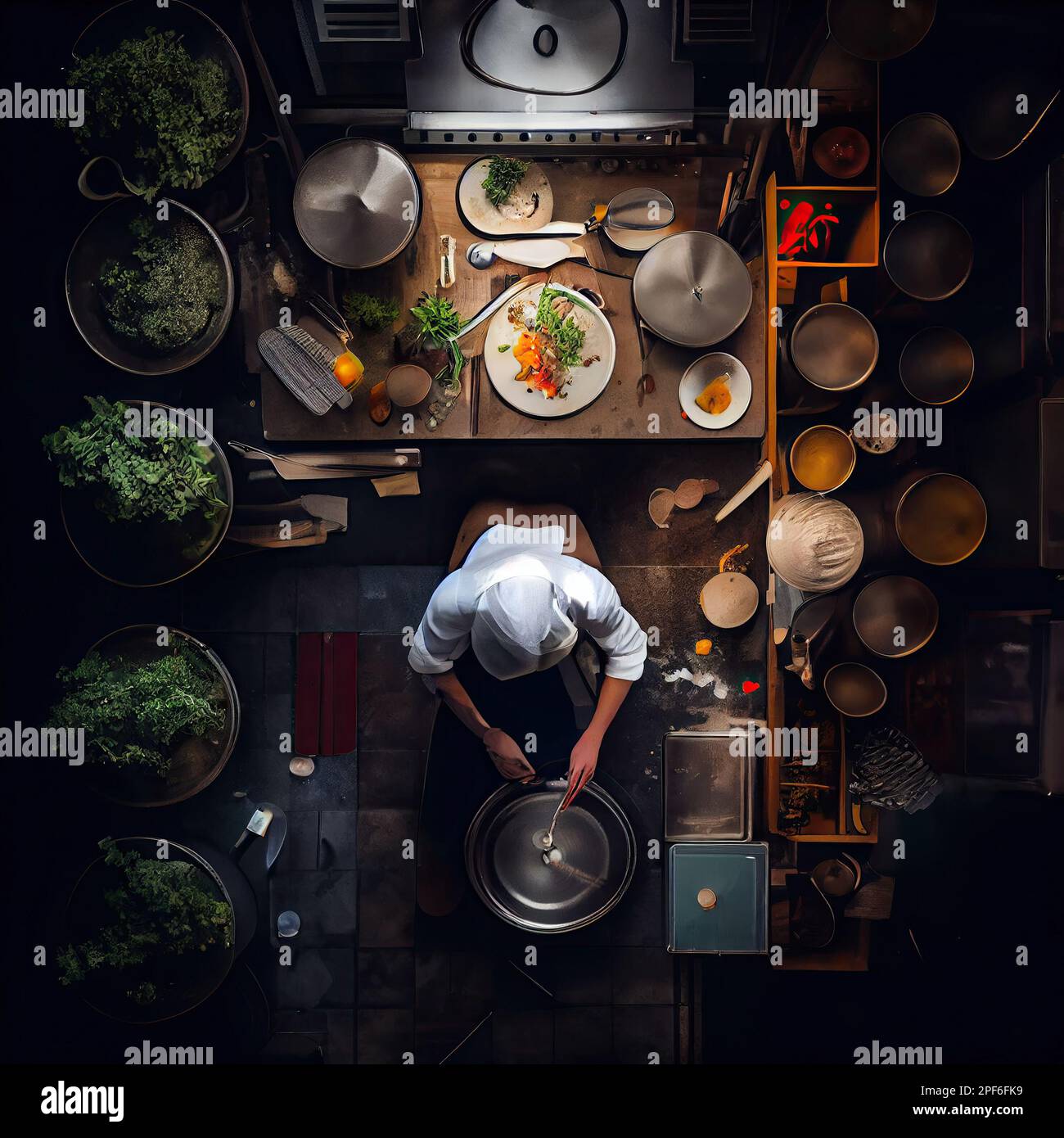 a chef in the middle of a table with many plates and pans on it, as ...