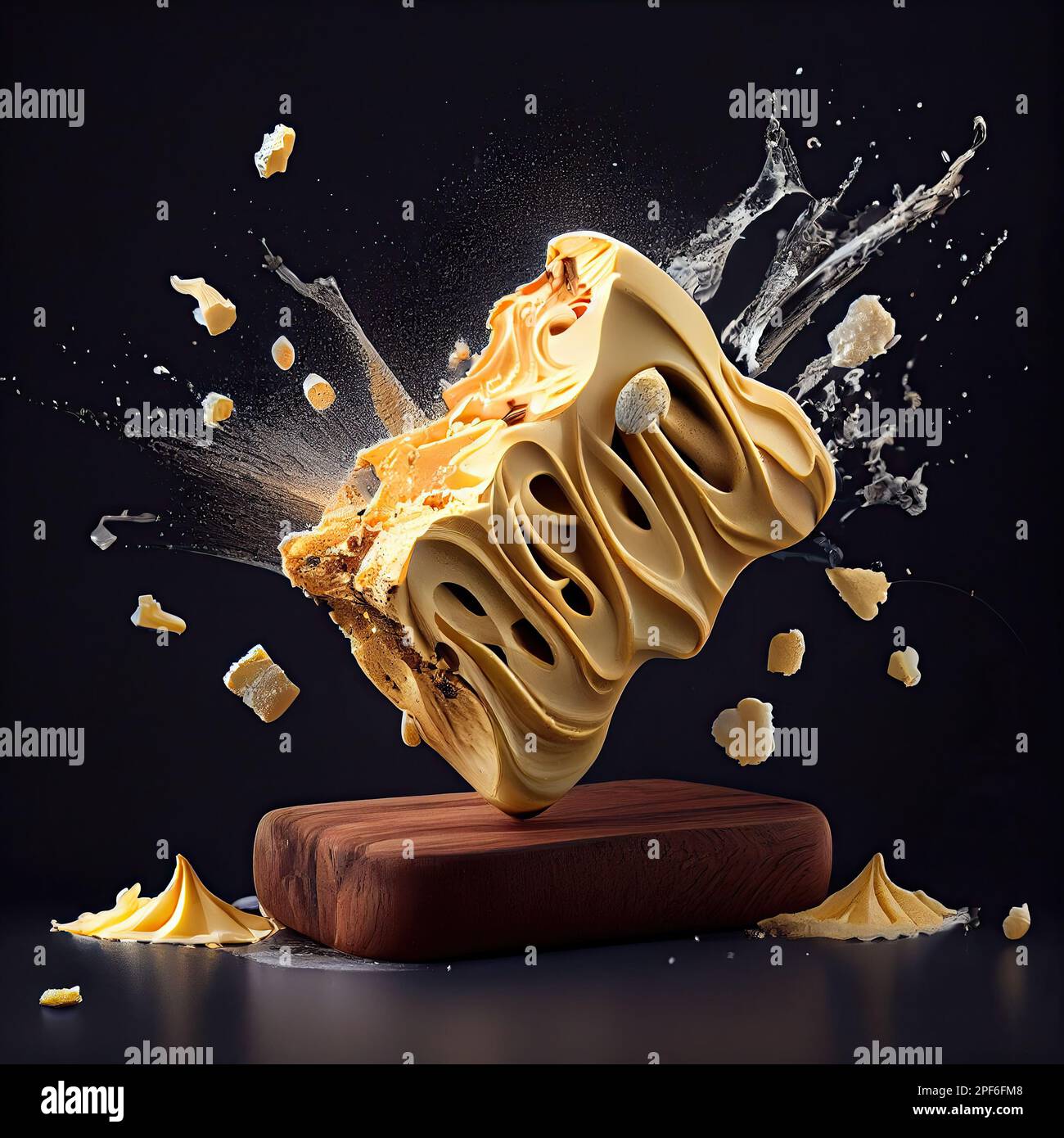 a piece of chocolate that is falling into the air with splashing white ...