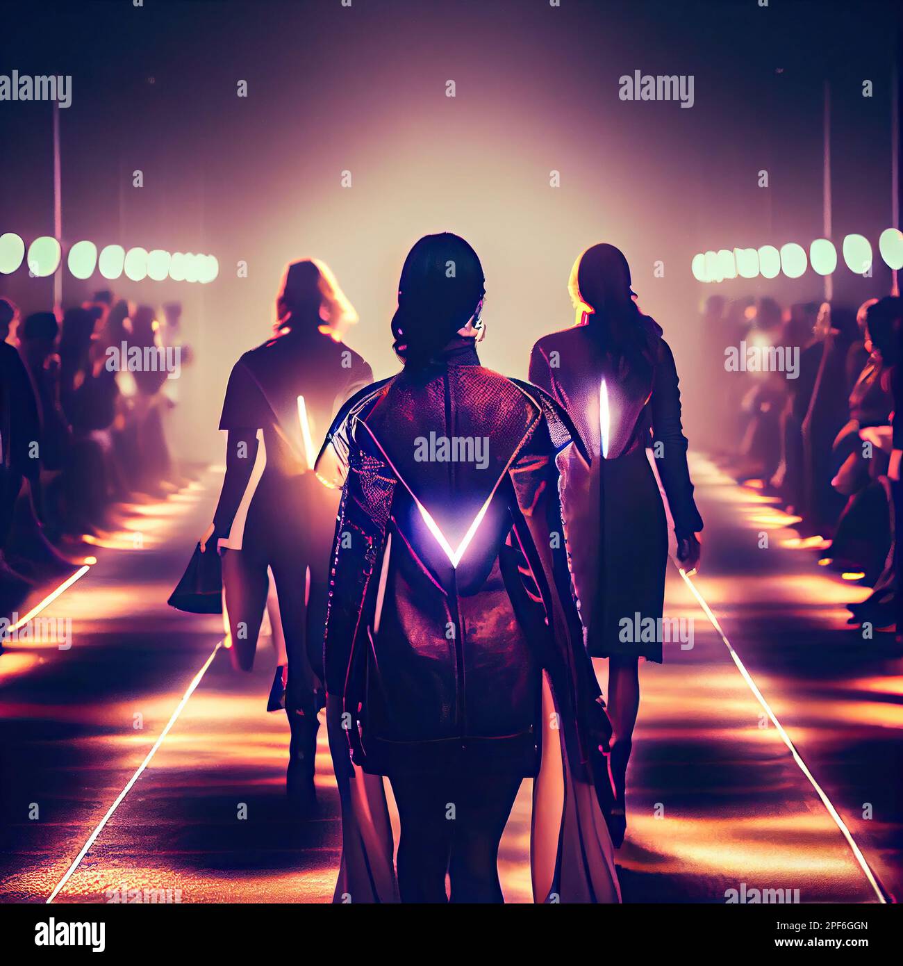 two women walking down the street at night, with lights shining on them ...