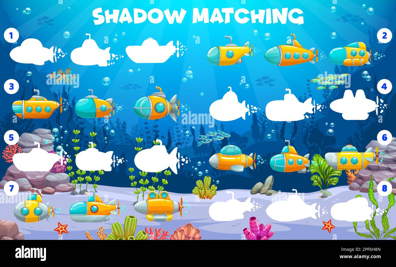 Shadow match cartoon underwater submarine and bathyscaphe. Kids vector ...