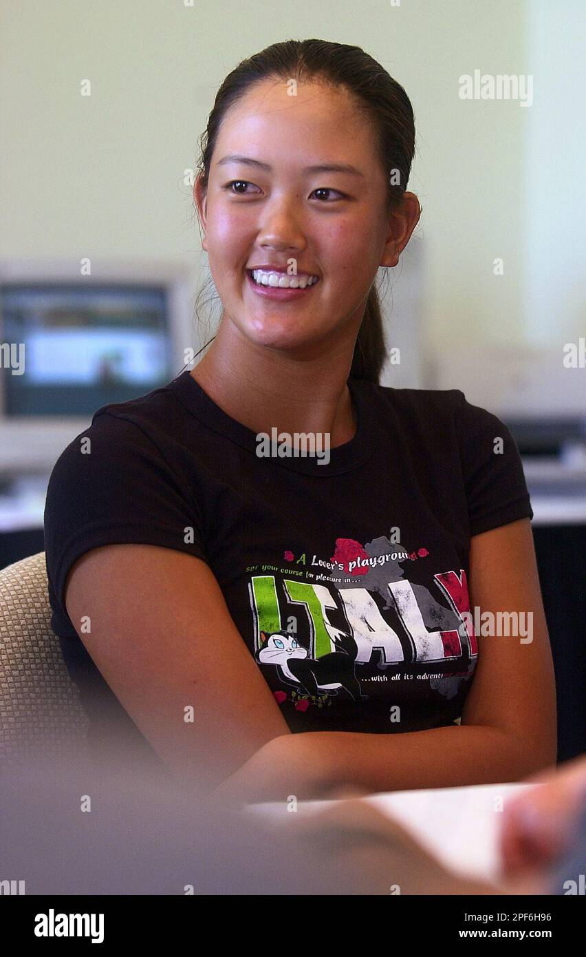 Michelle Wie talks with the media during an interview in Hammock Beach ...