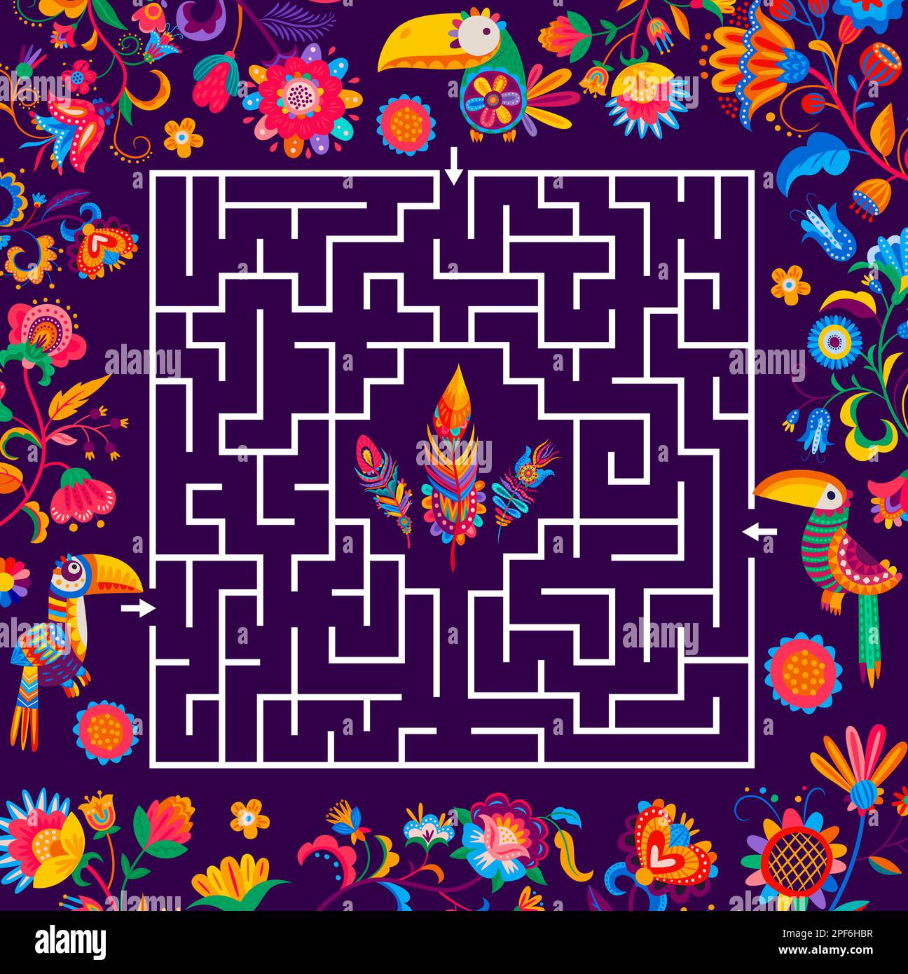 Labyrinth maze game, help toucan to find feather, kids quiz vector ...