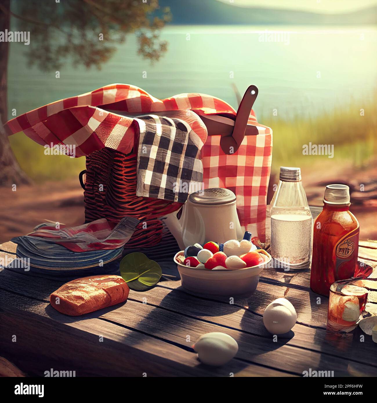 some food on a picnic table with water in the background and an ...