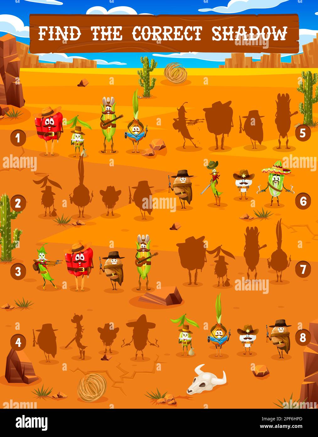 Shadow matching game cartoon cowboy and bandit vegetable characters ...
