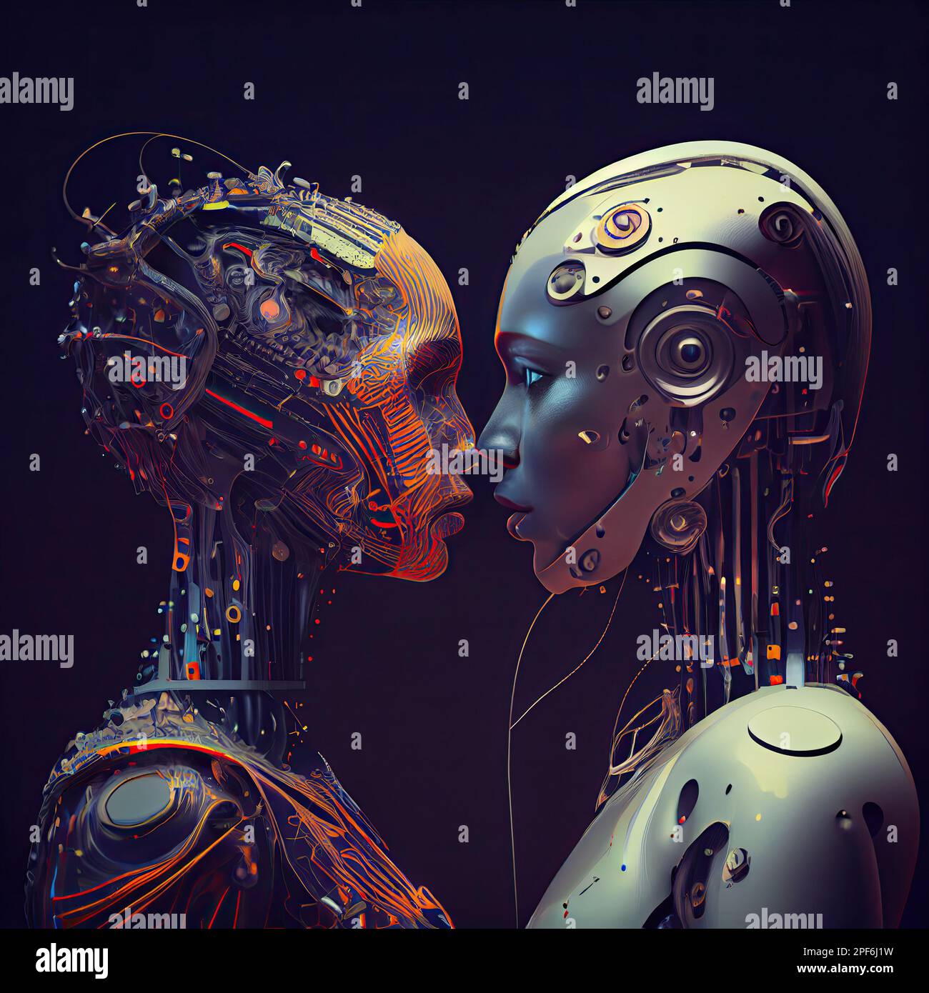 two robots, one kissing and the other looking at each other humanoids with their heads turned to ...