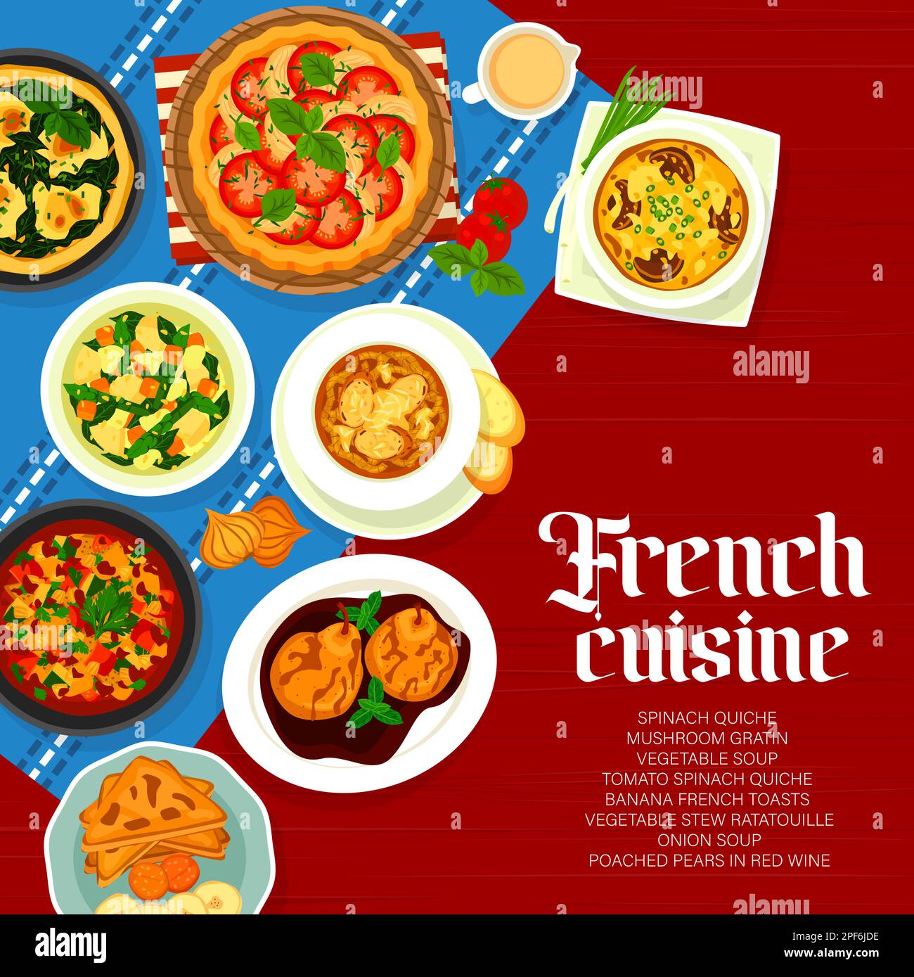 French cuisine menu cover design. Vegetable stew ratatouille, banana ...