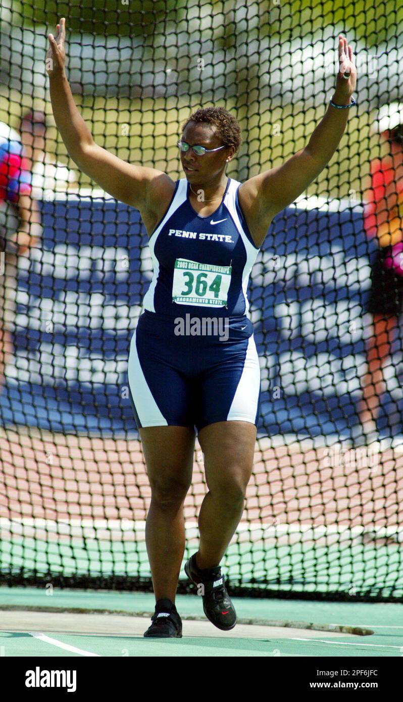 Penn State's Deshaya Williams reacts after winning the discus throw at ...