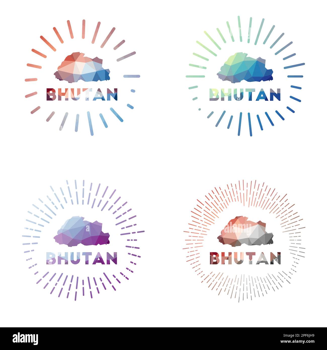 Bhutan low poly sunburst set. Logo of country in geometric polygonal ...